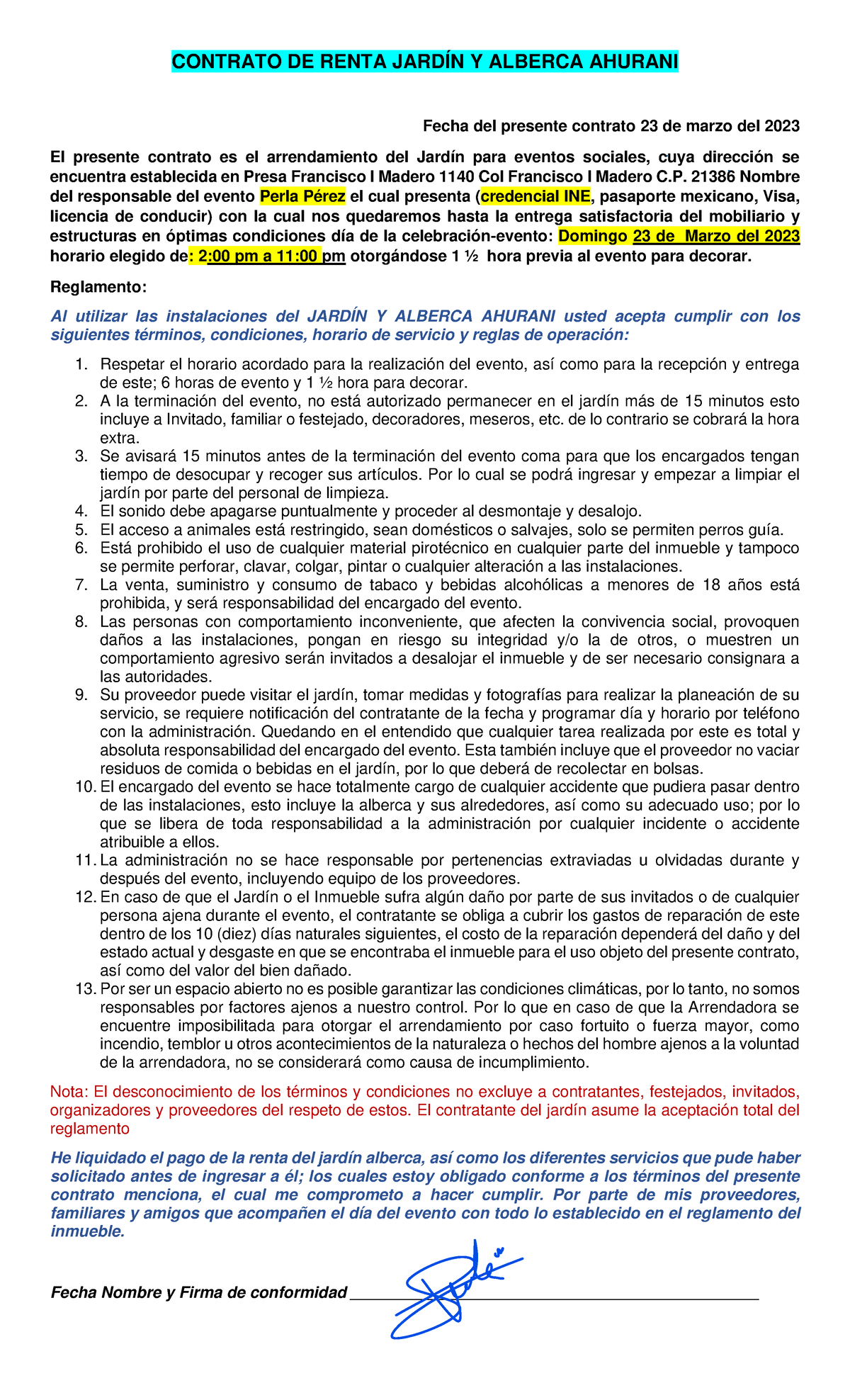 Contrato de Renta para Jardín y Alberca Ahurani - Perla Pérez - Studocu