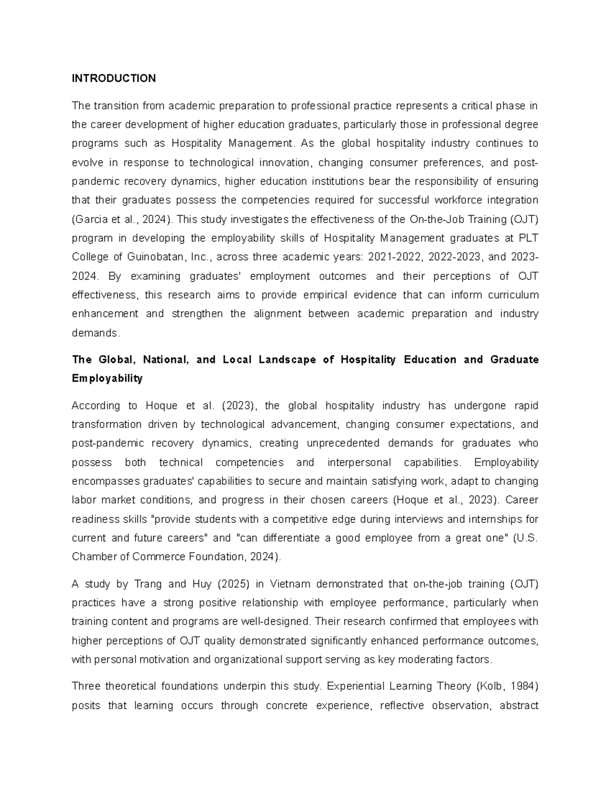 BSHM 2023-2024: OJT Effectiveness in Hospitality Graduate Employability ...