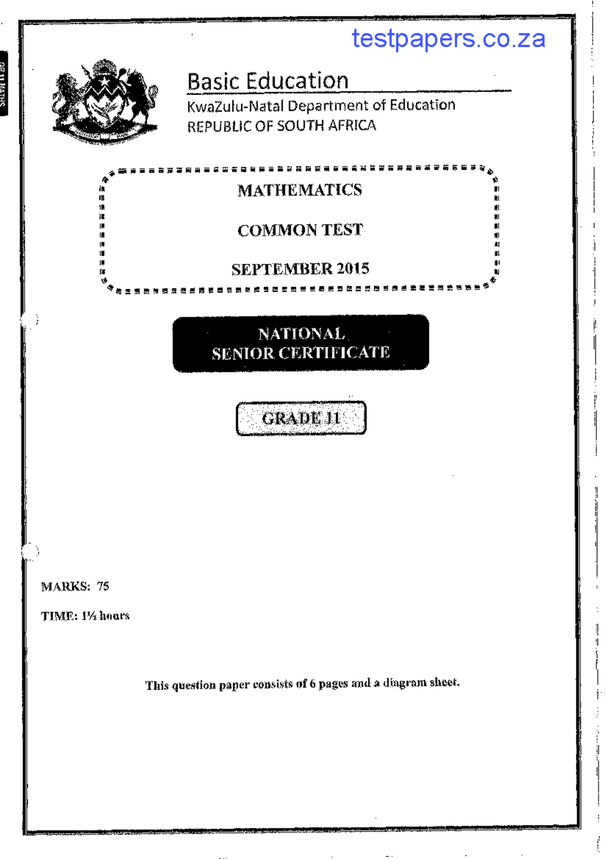 Grade 11 Maths Common Test September 2015 - NSC Question Paper & Memo ...