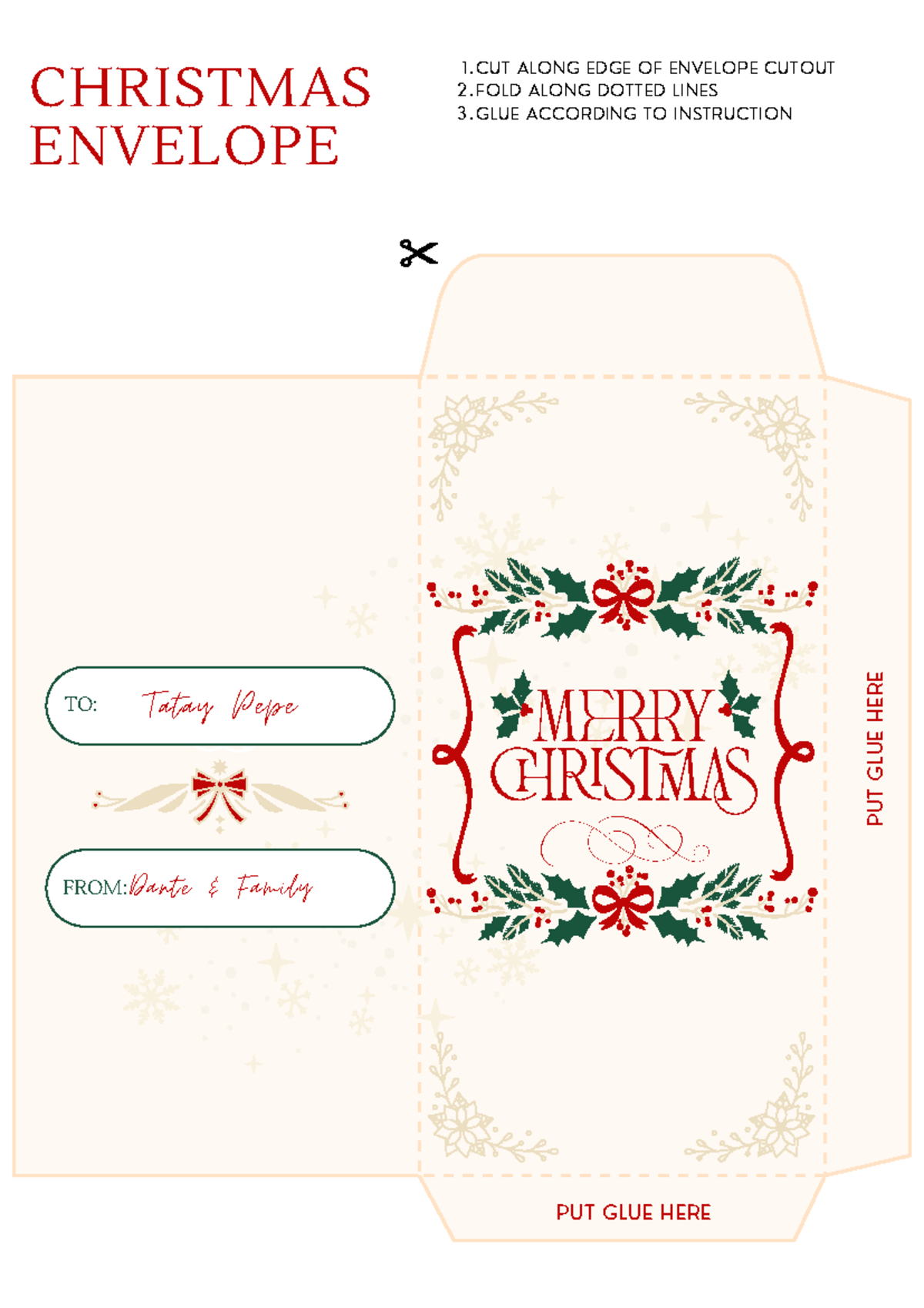 Cream and Red Elegant Christmas Ready to Cut Envelope A4 Document - PUT ...