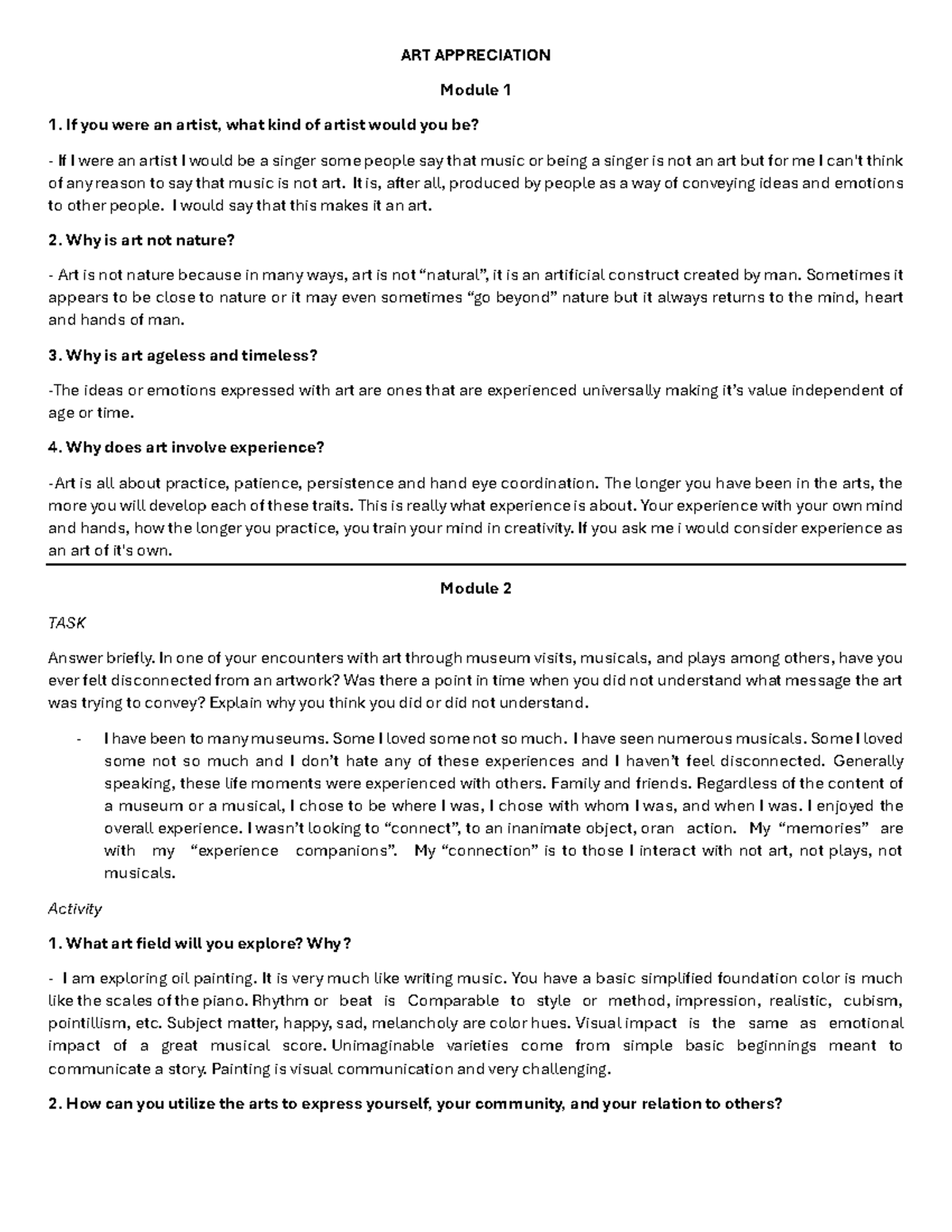 Art Appreciation Essay: Exploring Creative Expressions in Art - Studocu