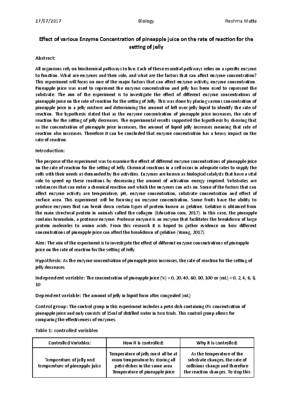 Enzyme experiment - Reshma Matta - Effect of various Enzyme ...