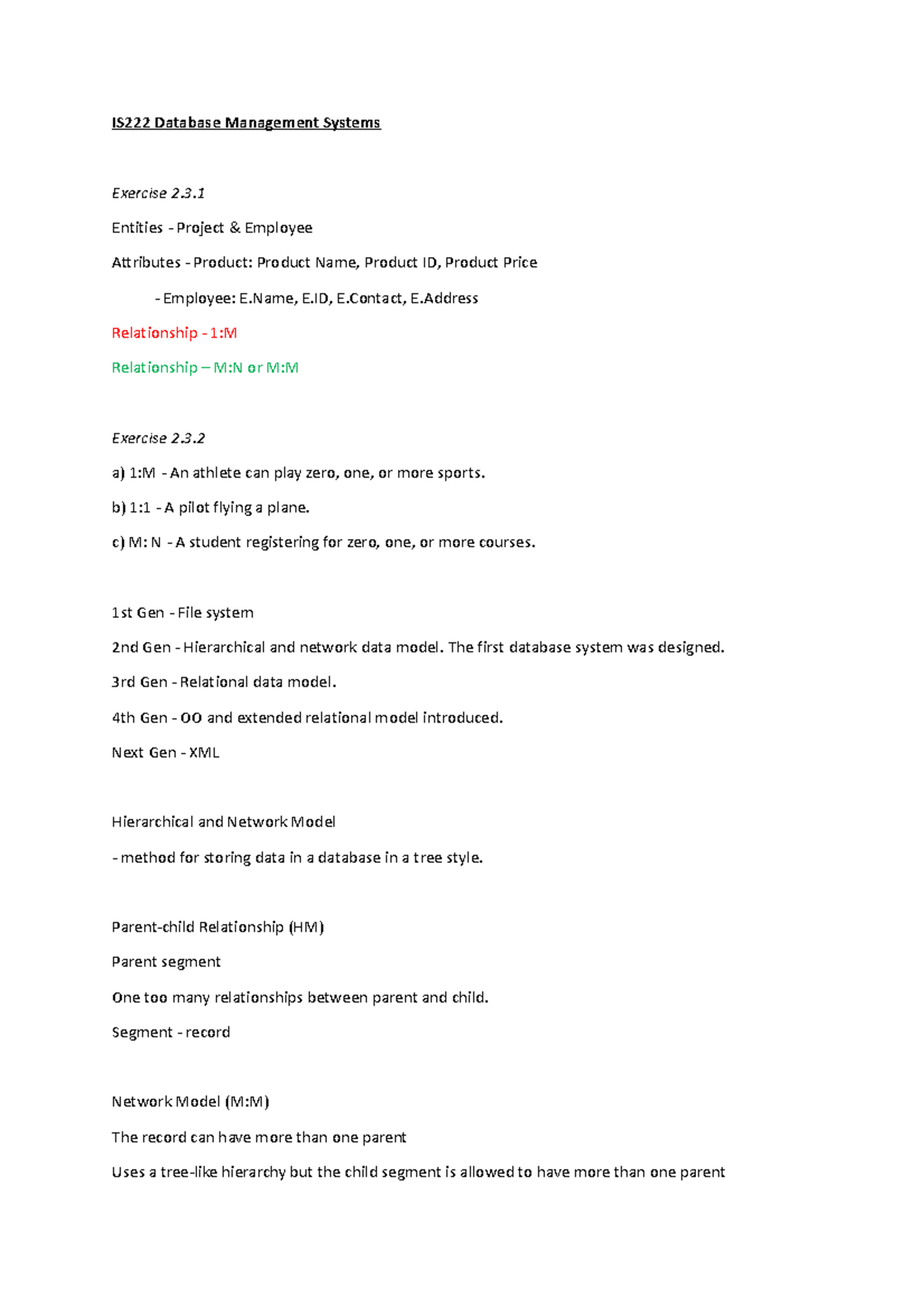 IS222 Week 2 Notes - IS222 Database Management Systems Exercise 2 ...
