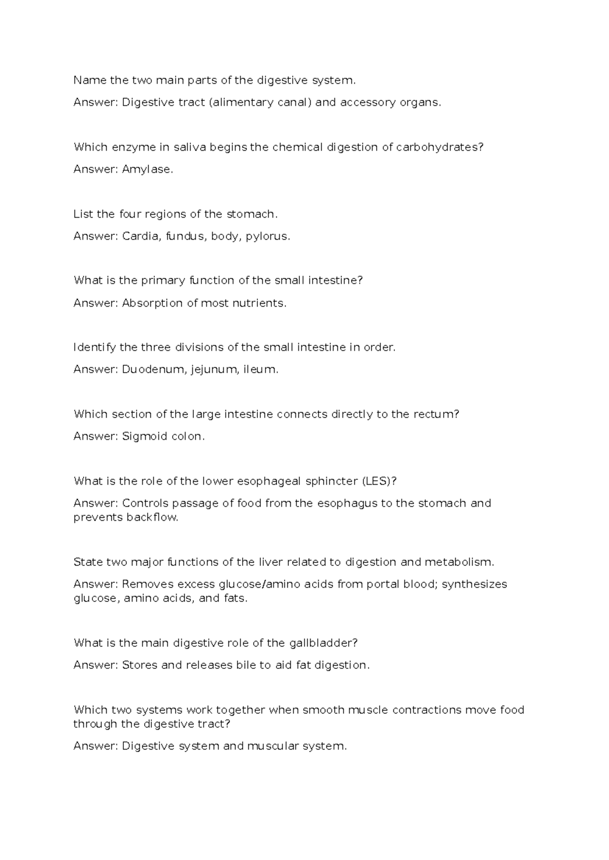Digestive System Quiz Answers (BIO 101) - Studocu