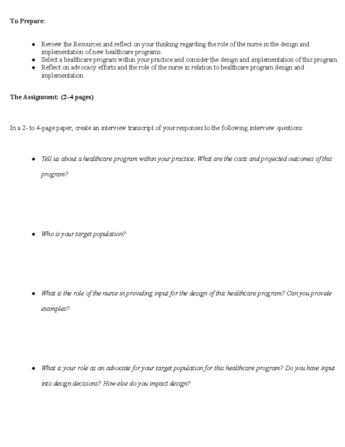 6050-Week 8-Assignment: Nurse's Role in Healthcare Program Design - Studocu