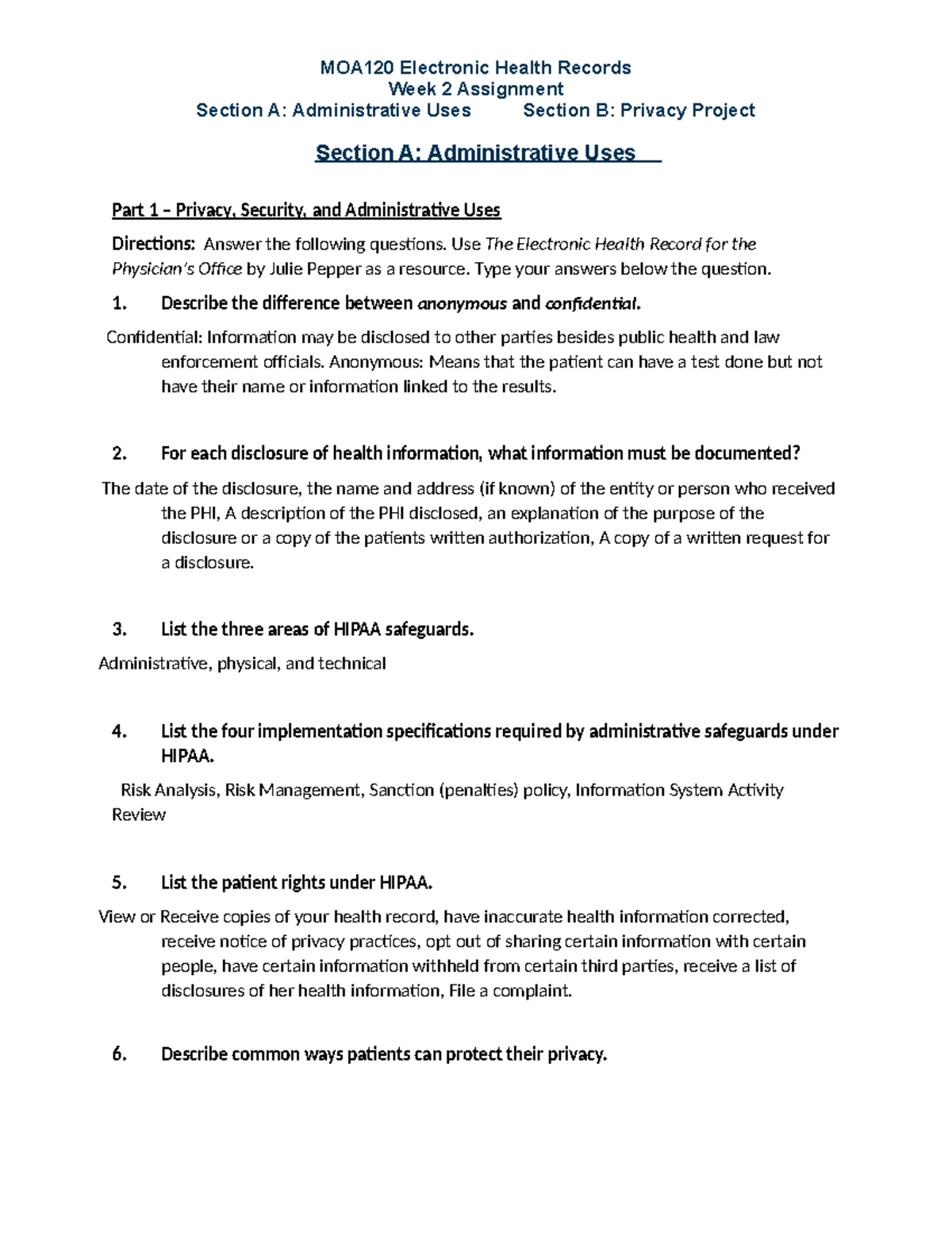 MOA120 WK1 Assignment: Introduction to Electronic Health Records - Studocu