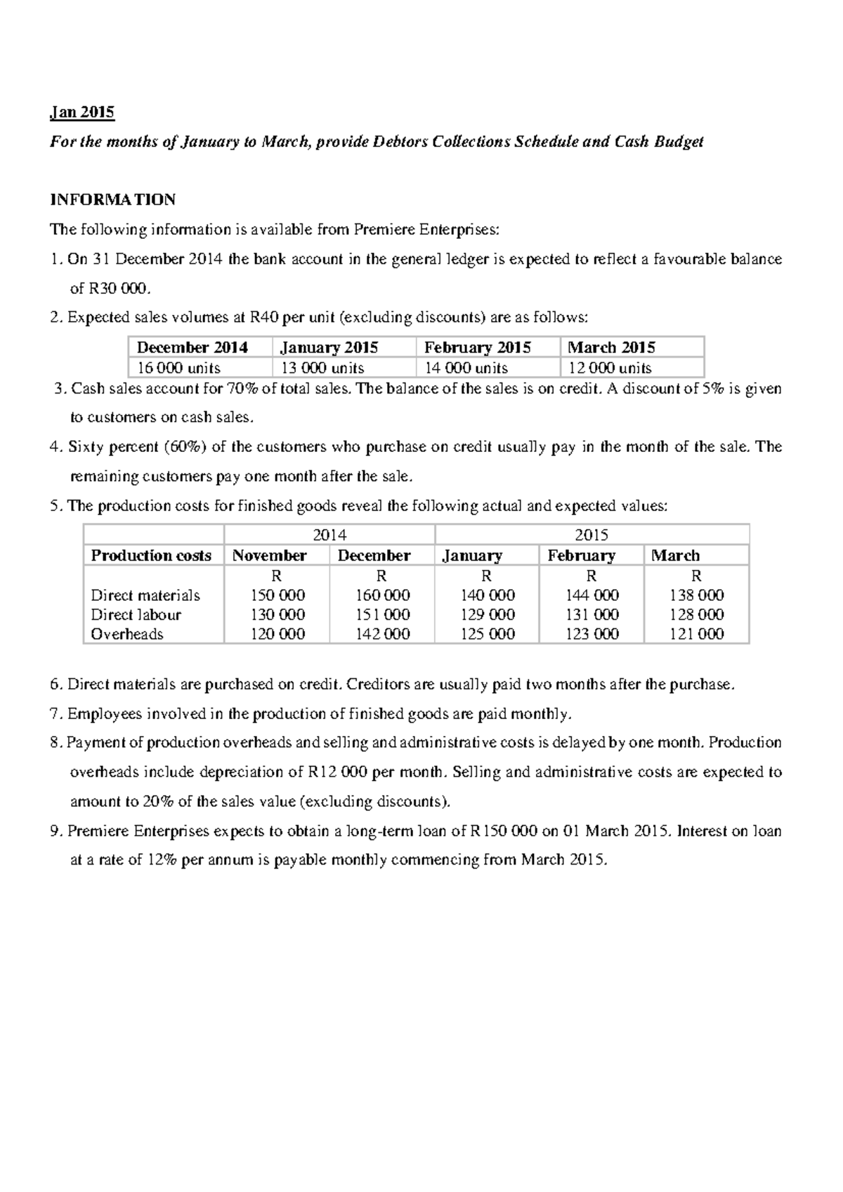 Cash Budgets Notes and Examples - Jan 2015 For the months of January to ...