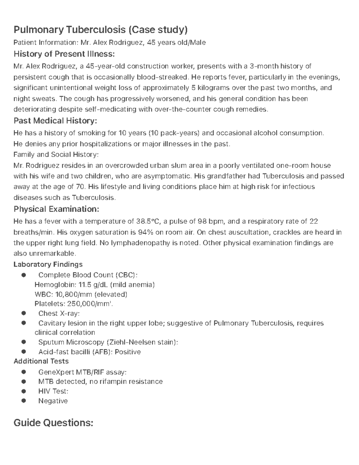 Pulmonary Tuberculosis Case Study Analysis - Patient Mr. Rodriguez ...