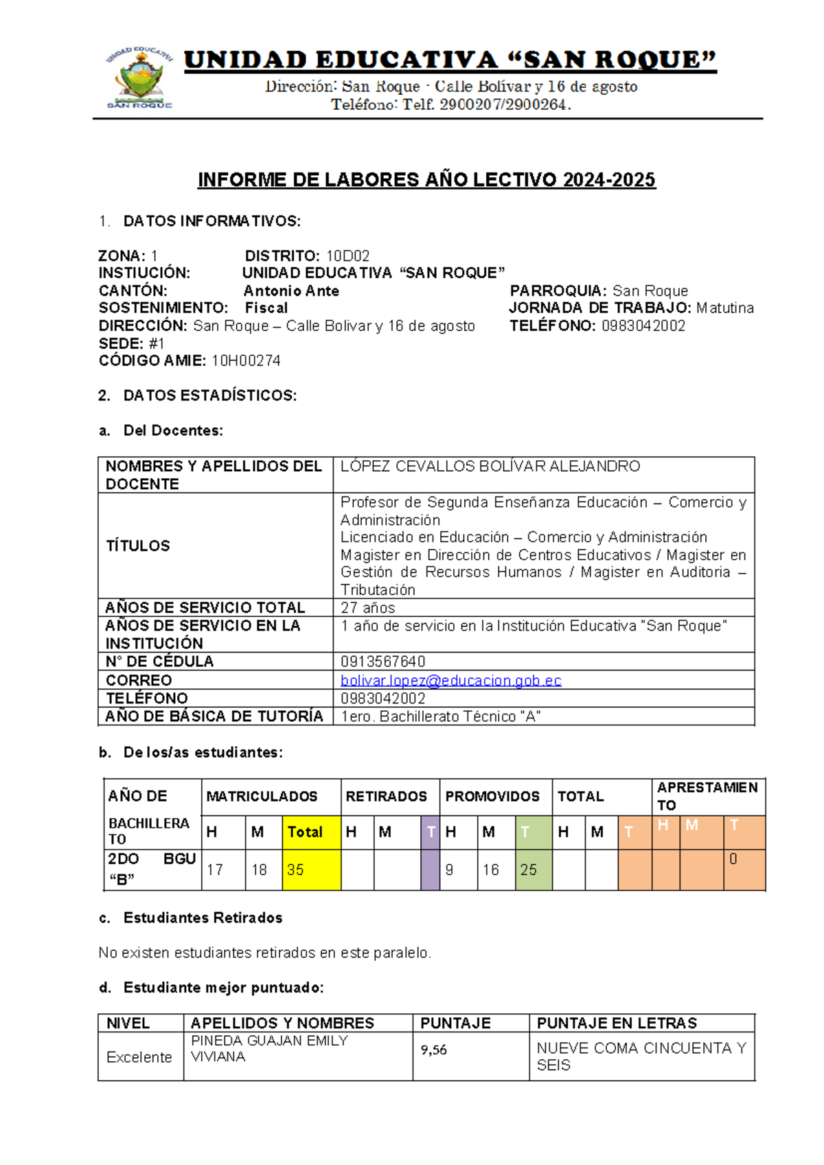 Informe de Labores - Primero Técnico 10D02 - Año Lectivo 2024-2025 ...