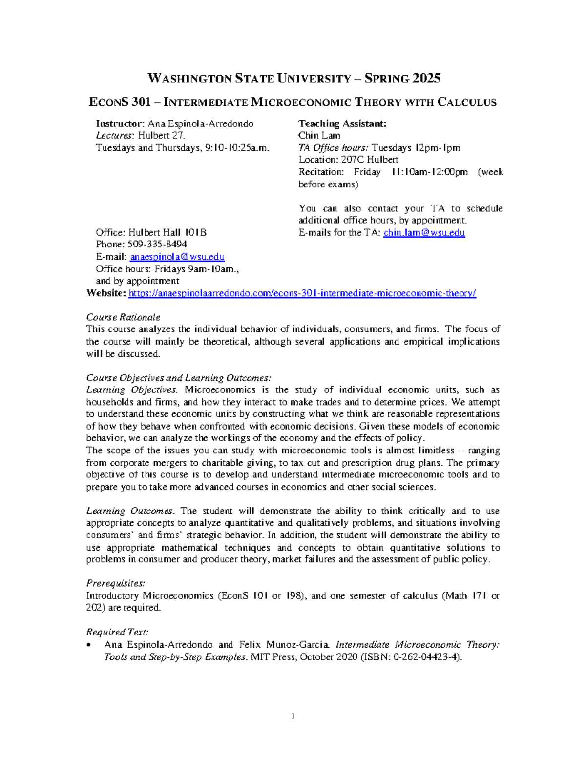 ECONS 301 Syllabus: Intermediate Microeconomic Theory (Spring 2025) - Studocu