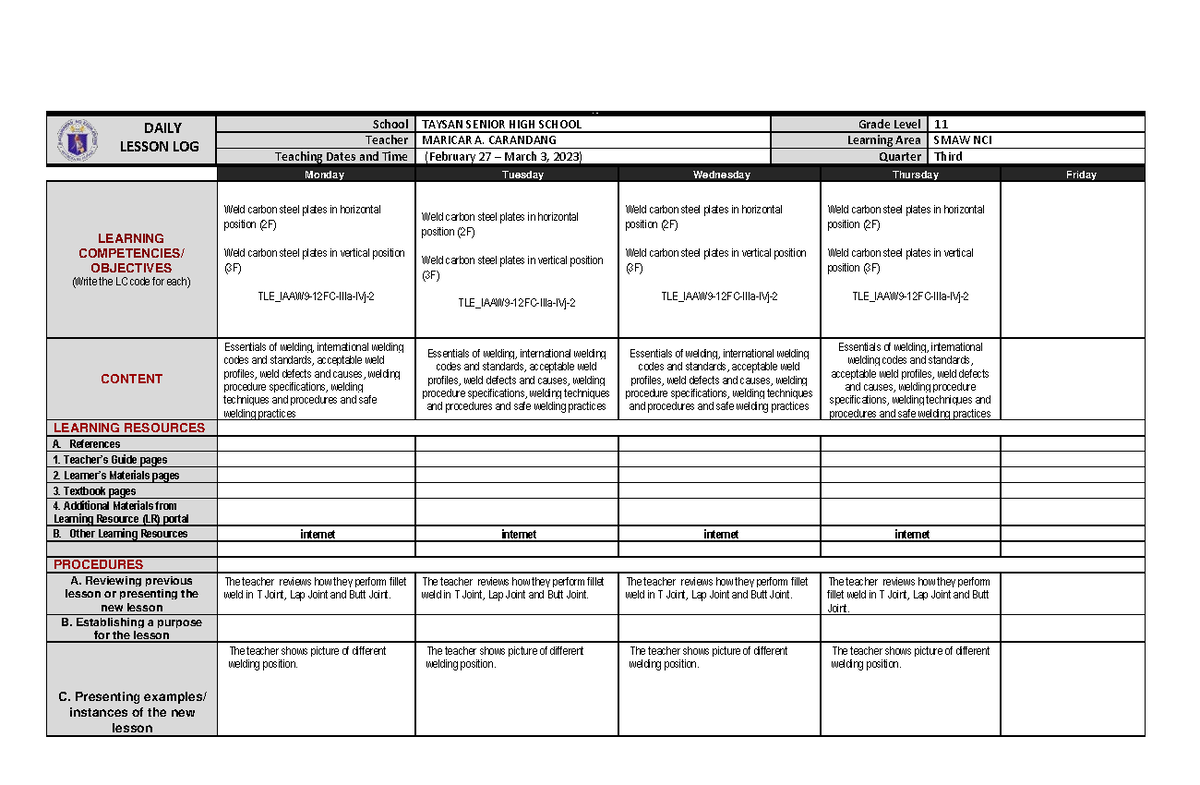 SMAW NCI Daily Lesson Log: Feb 27 - Mar 3, 2023 for Grade 11 & 12 - Studocu