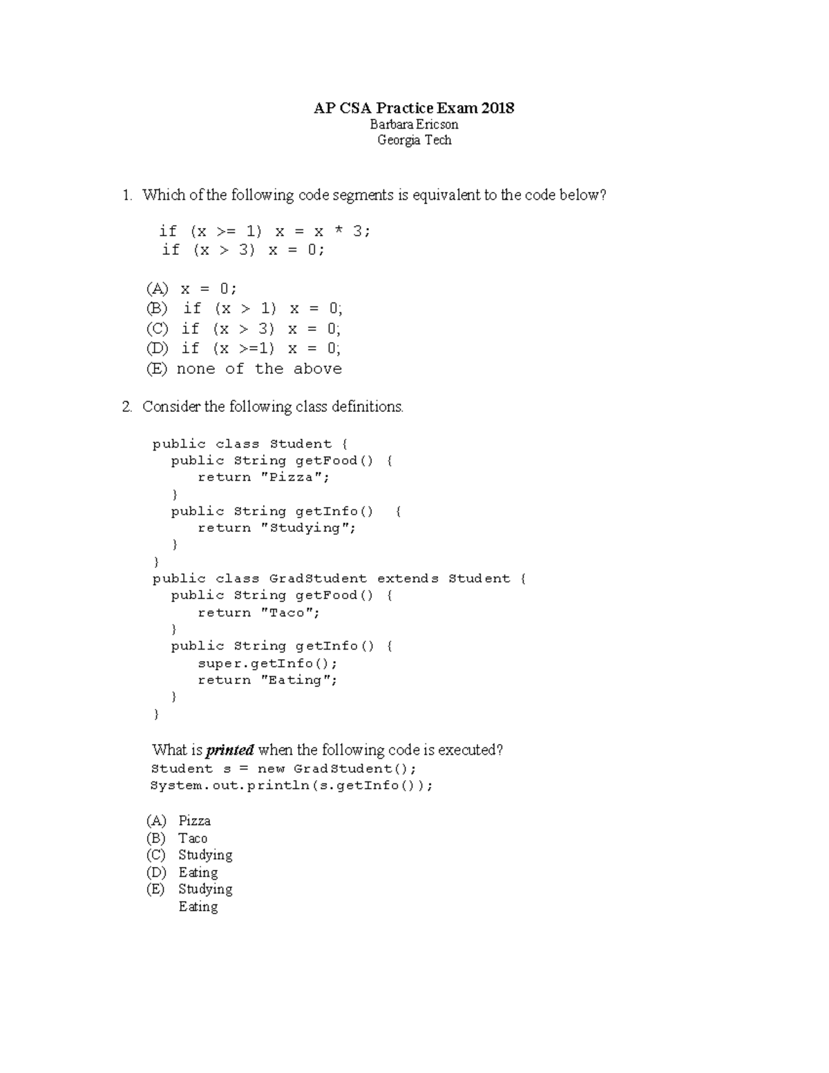 AP CSA Practice Exam 2018 - Questions and Answers - Studocu