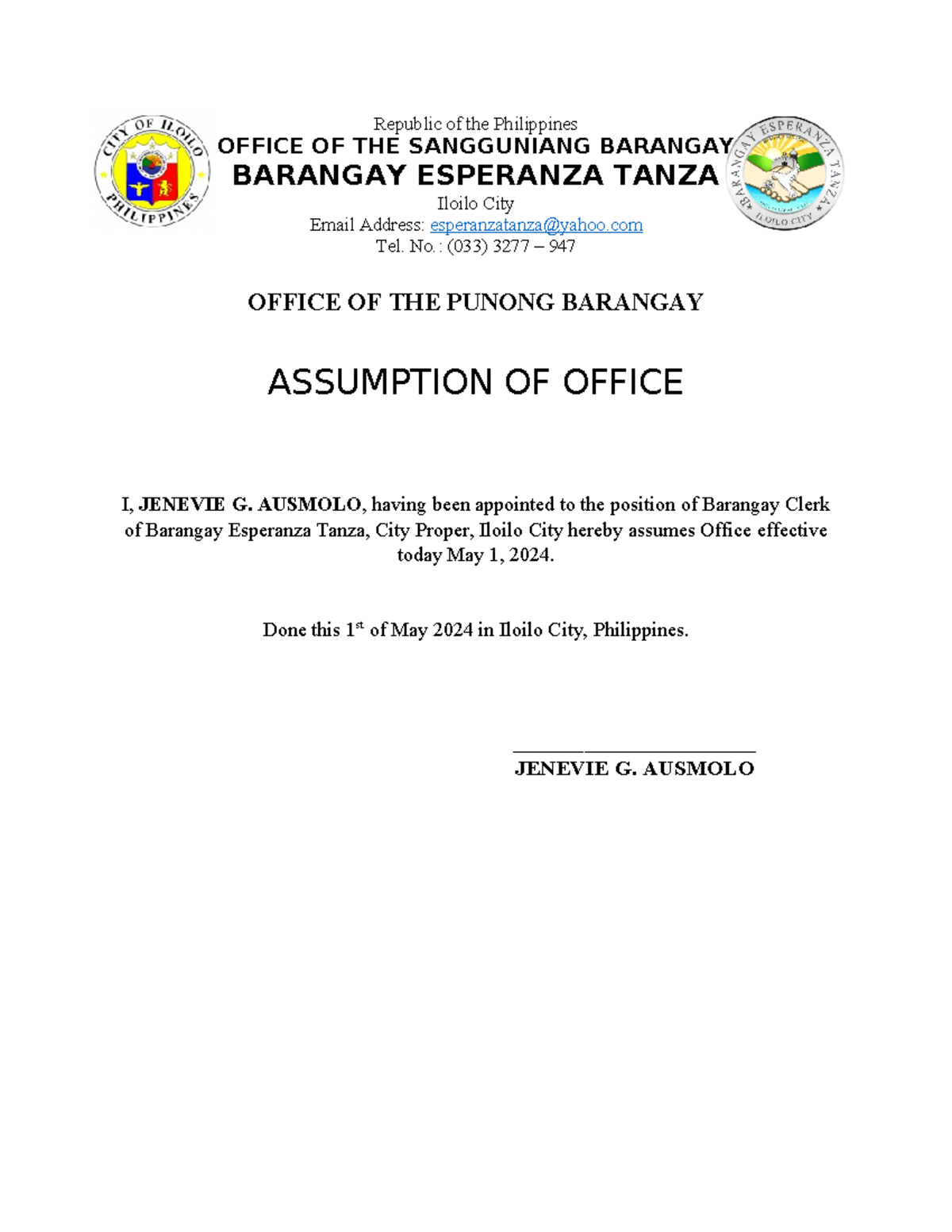 Assumption of Office Documents for Barangay Esperanza Tanza - Studocu
