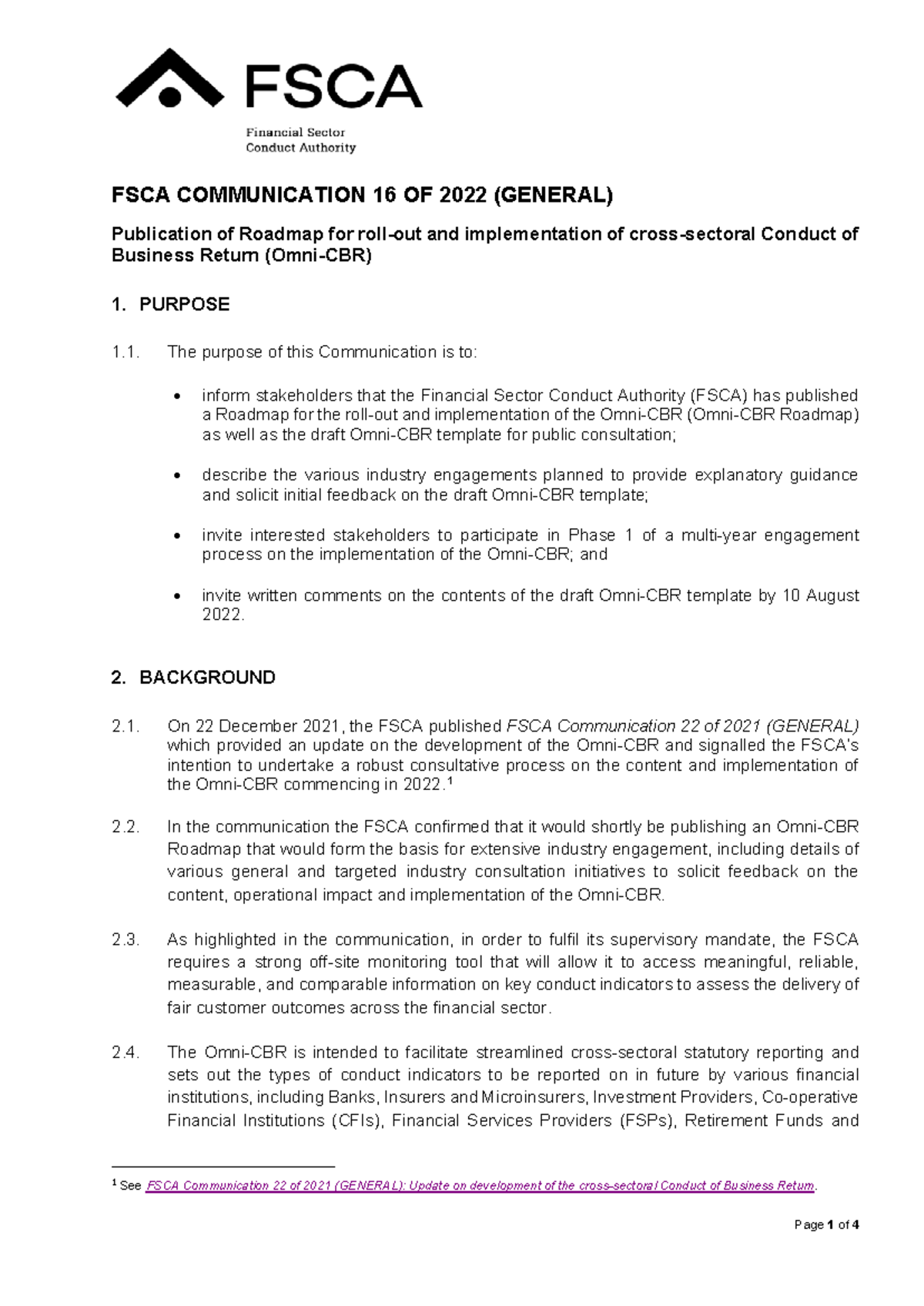 FSCA Summary - FSCA COMMUNICATION 16 OF 2022 (GENERAL) Publication of ...