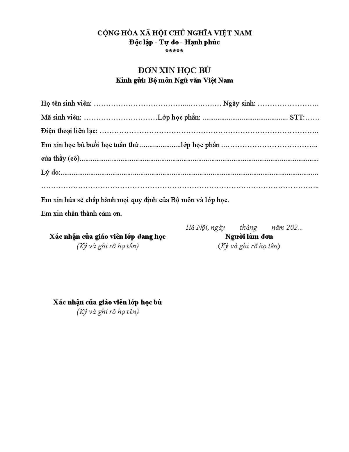 BMNV Đơn xin học bù - sadsa - CỘNG HÒA XÃ HỘI CHỦ NGHĨA VIỆT NAM Độc ...