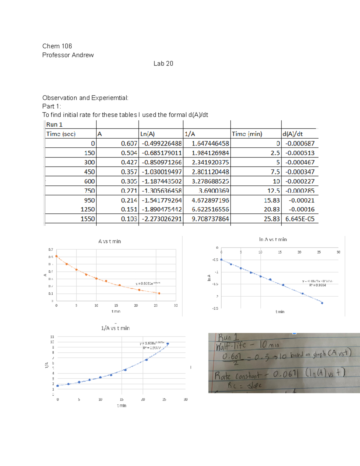 Chem 106 Lab 20 Report: Initial Rate Analysis of Run Experiments - Studocu