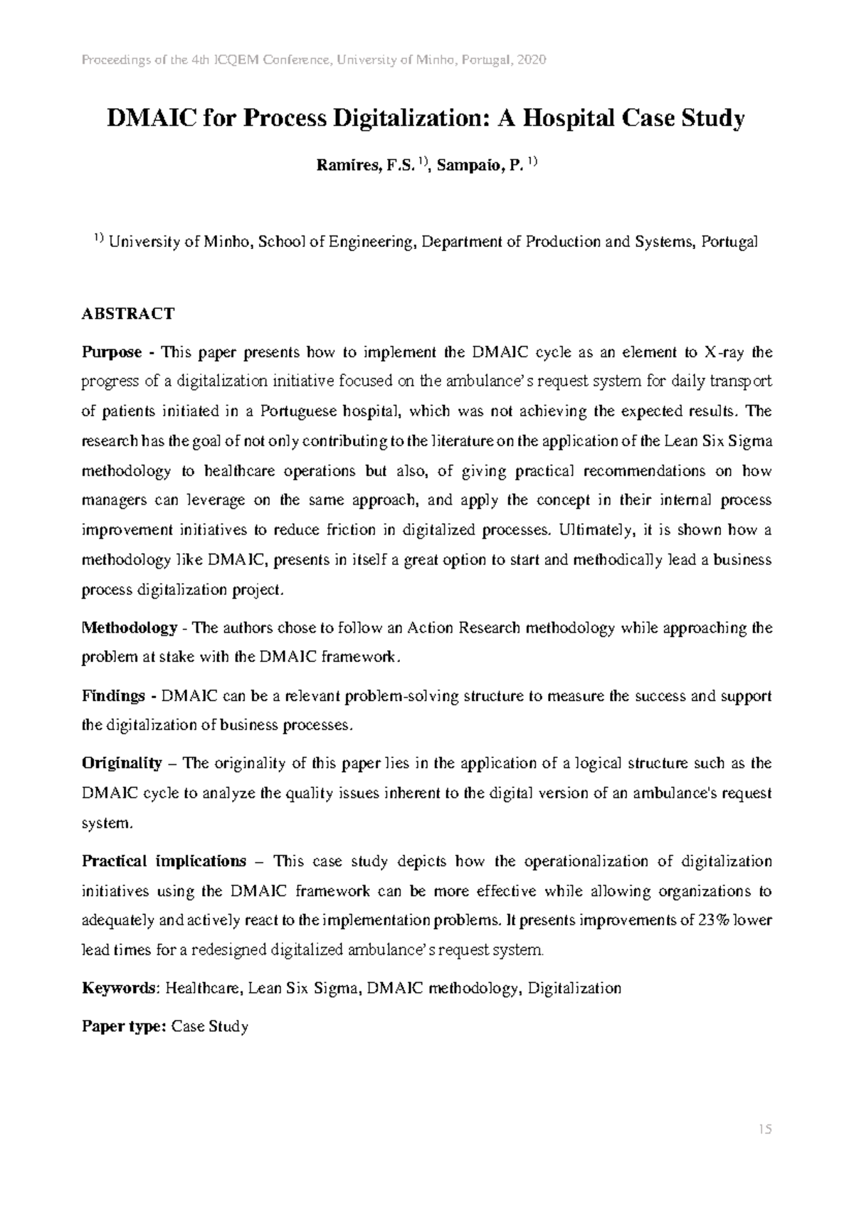 DMAIC Framework for Digitalization in Healthcare: A Case Study - Studocu
