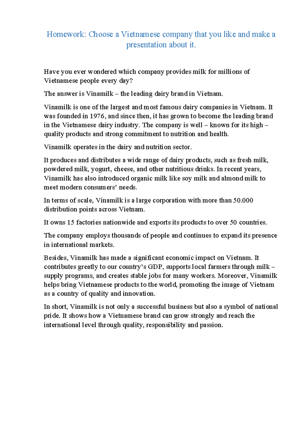 Homework: Presentation on Vinamilk - Vietnam's Leading Dairy Brand ...