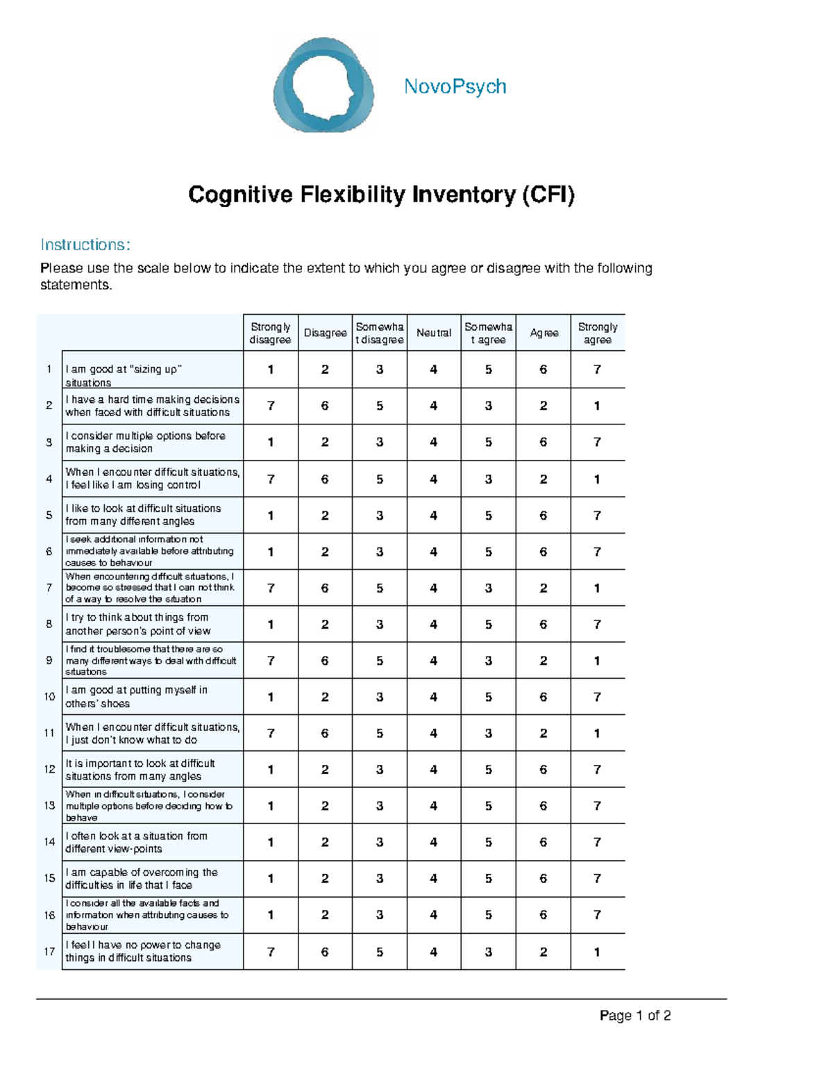 NovoPsych CFI: Instructions for Cognitive Flexibility Assessment - Studocu