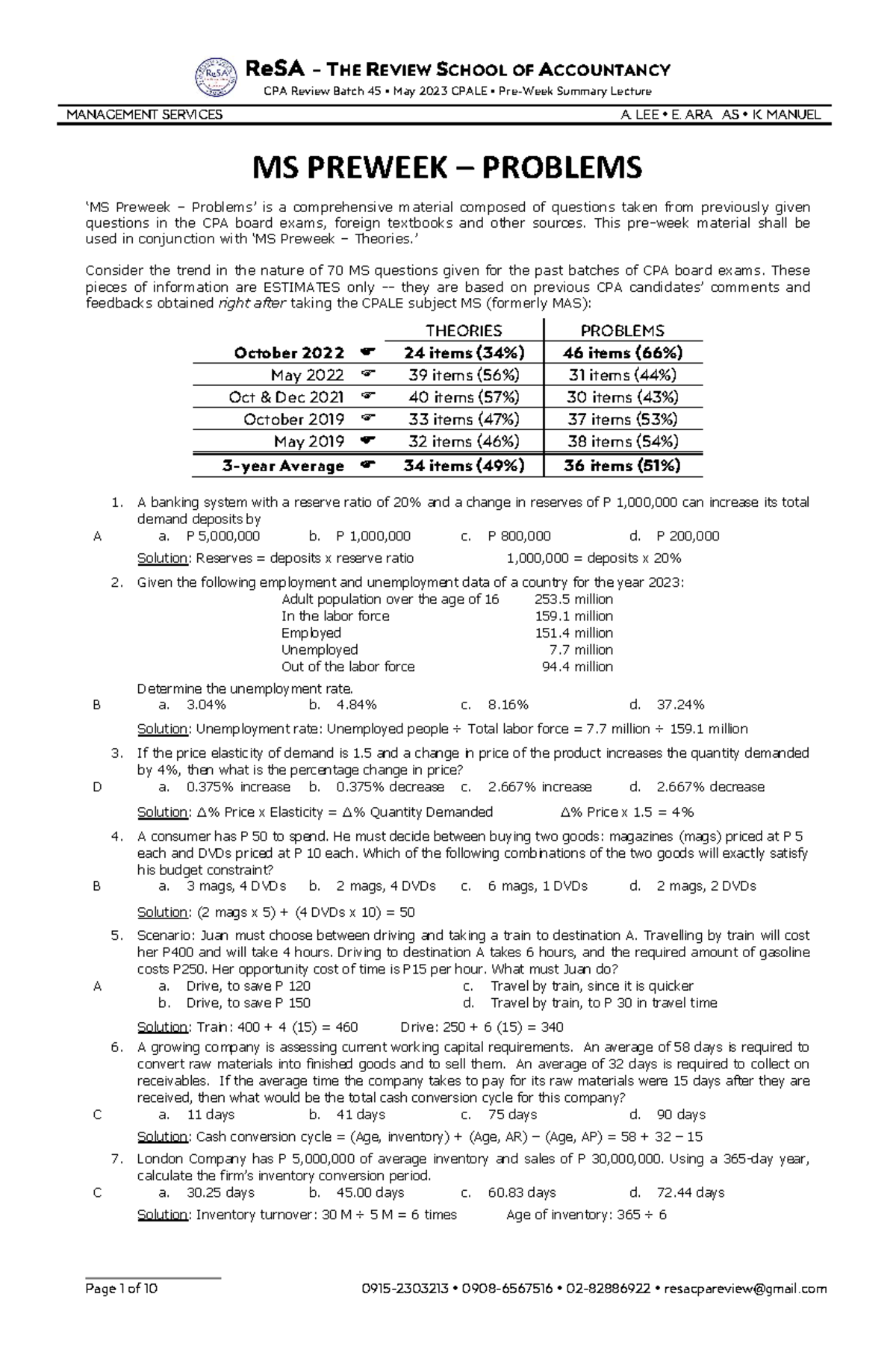 ReSA CPA Review Batch 45 May 2023 Management Services Preweek Problems - Studocu