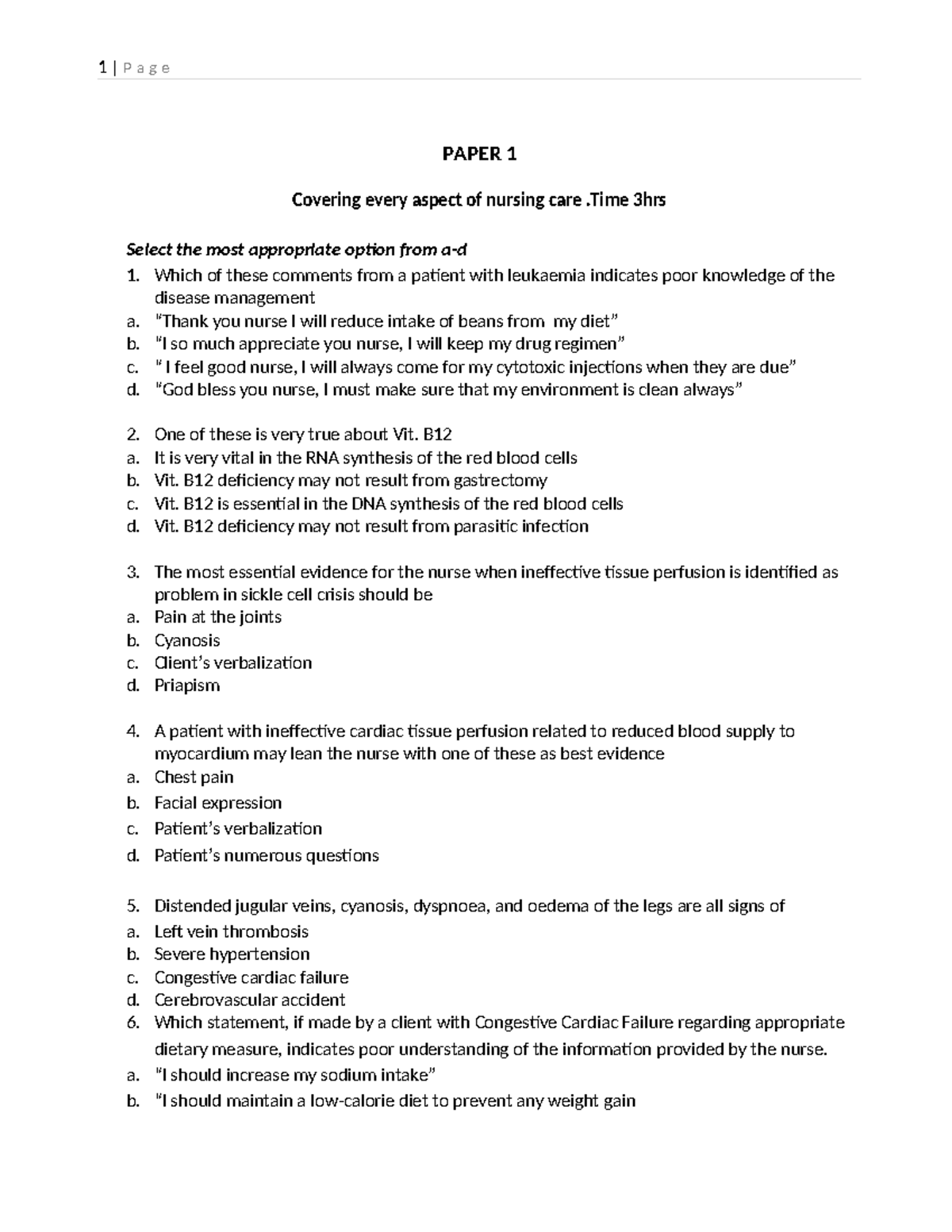 PAPER I Comprehensive Nursing Care Review and Practice - Studocu