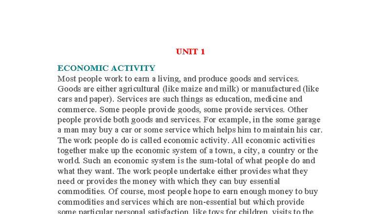 UNIT 1: ECONOMIC ACTIVITY AND UTILITY - A Comprehensive Overview - Studocu