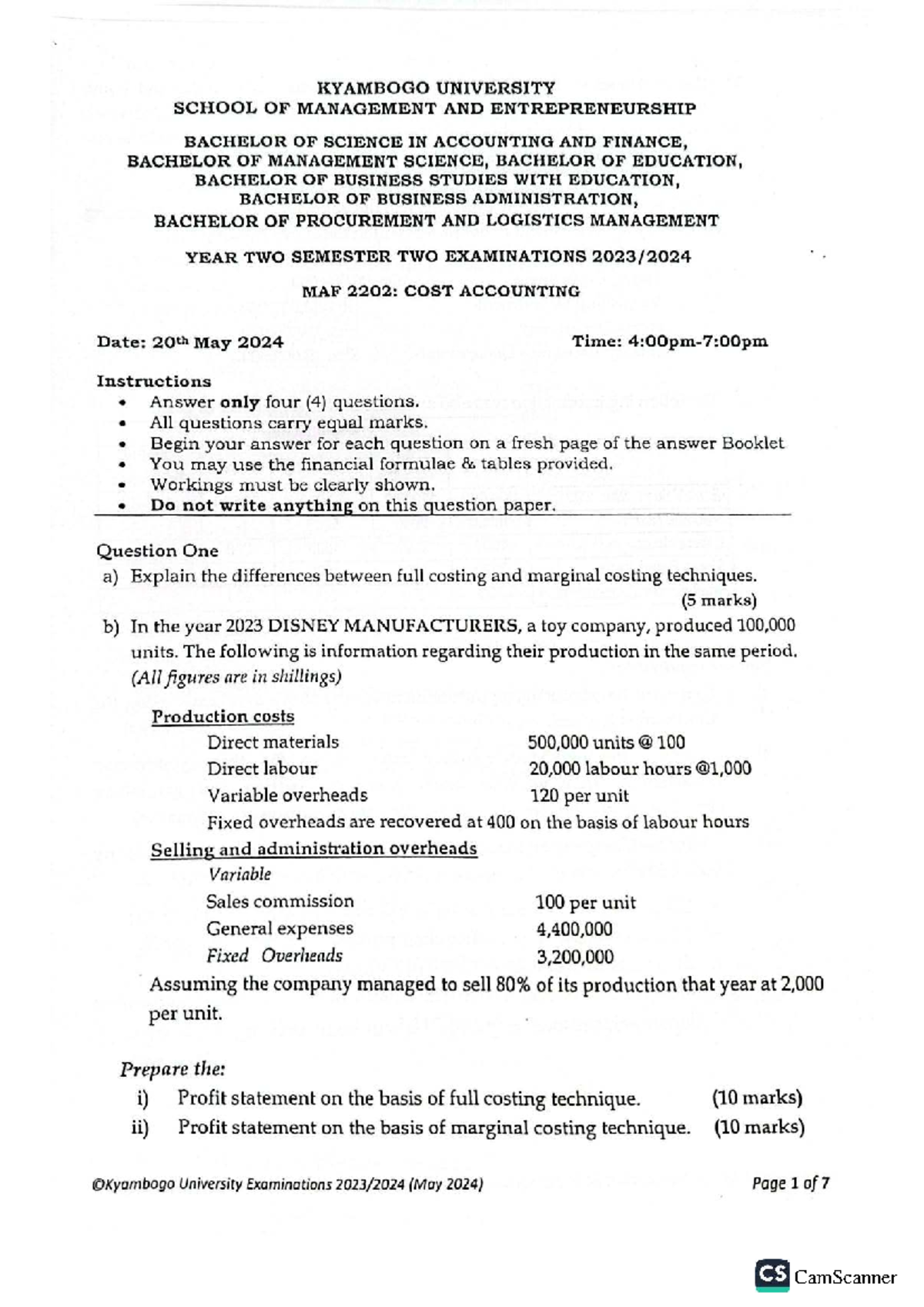 KYAMBOGO UNIVERSITY MAF 2202: COST ACCOUNTING EXAMINATION QUESTION BANK ...