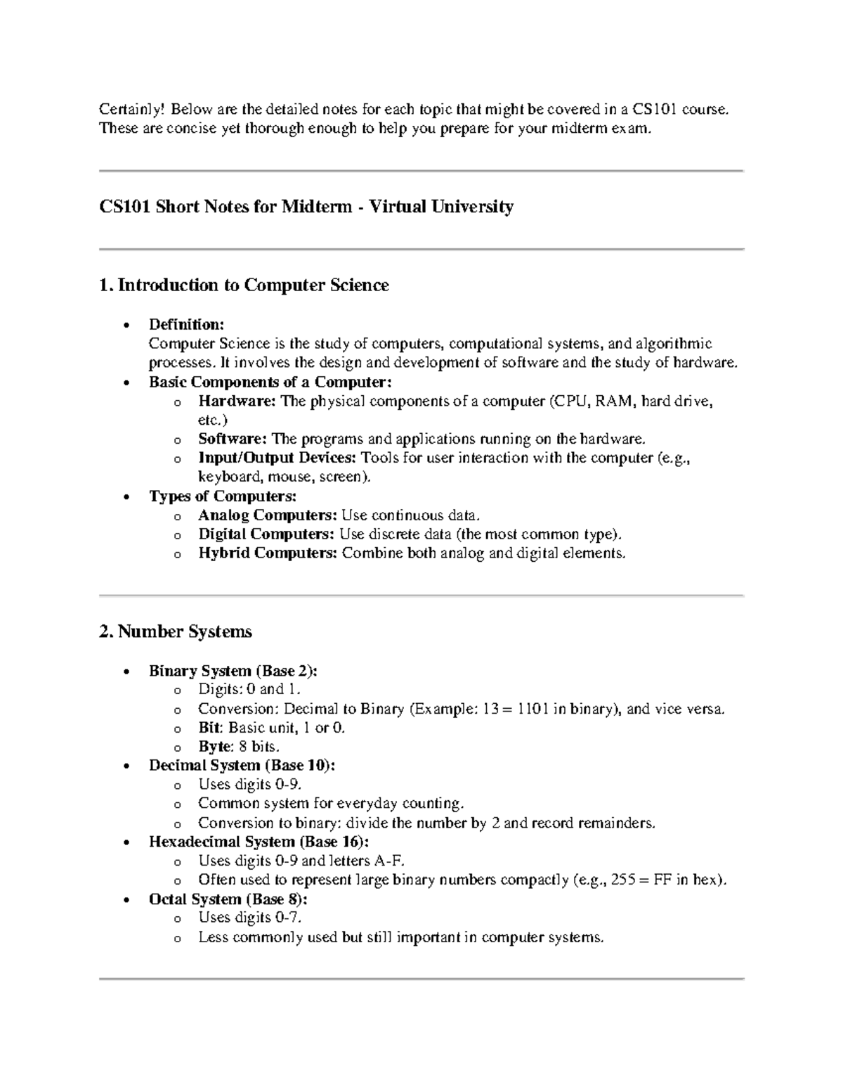 CS101 Midterm Exam Short Notes: Key Concepts and Topics - Studocu
