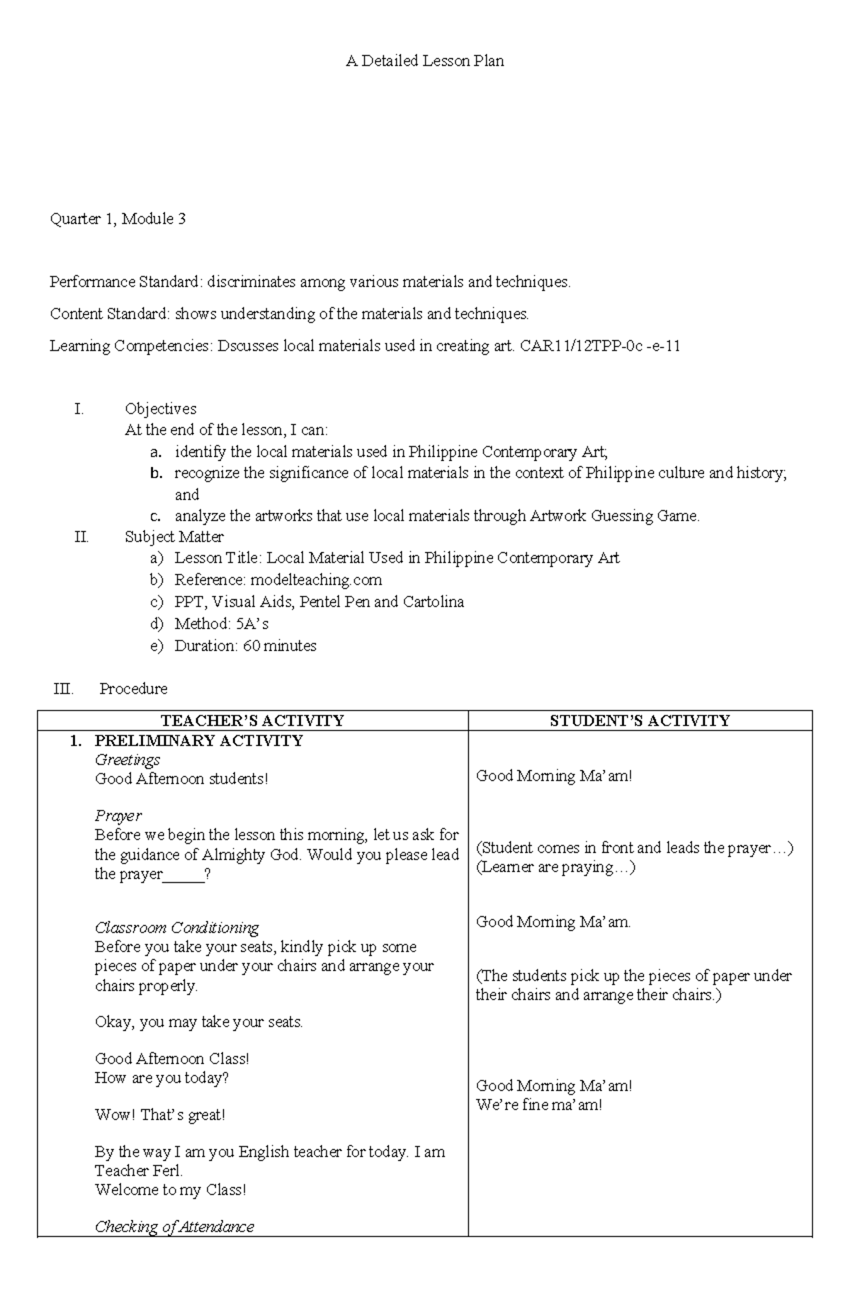 DLP Lesson Plan on Local Materials in Philippine Contemporary Art ...