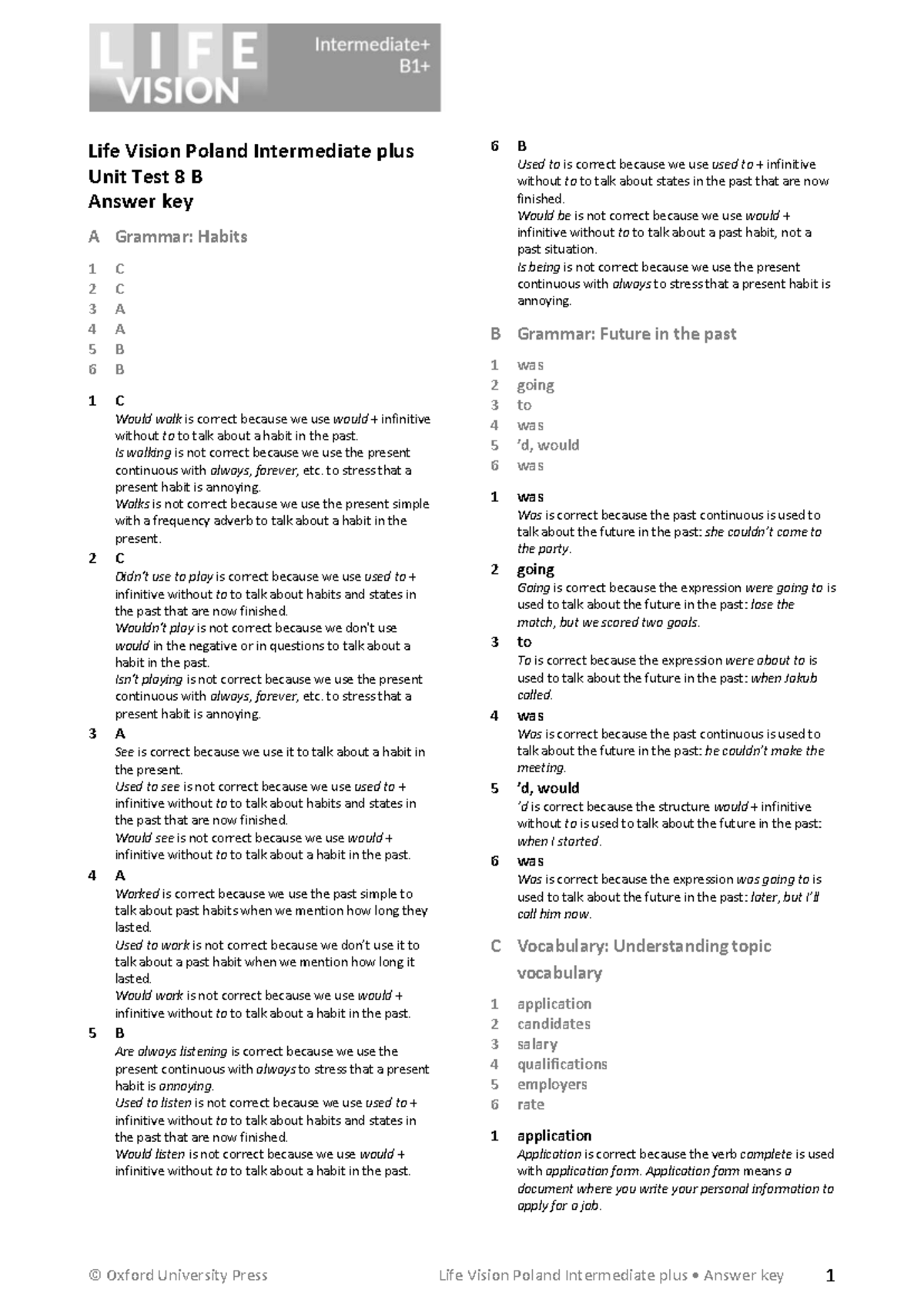 Life Vision Poland Intermediate Plus - Unit Test 8B Answer Key - Studocu
