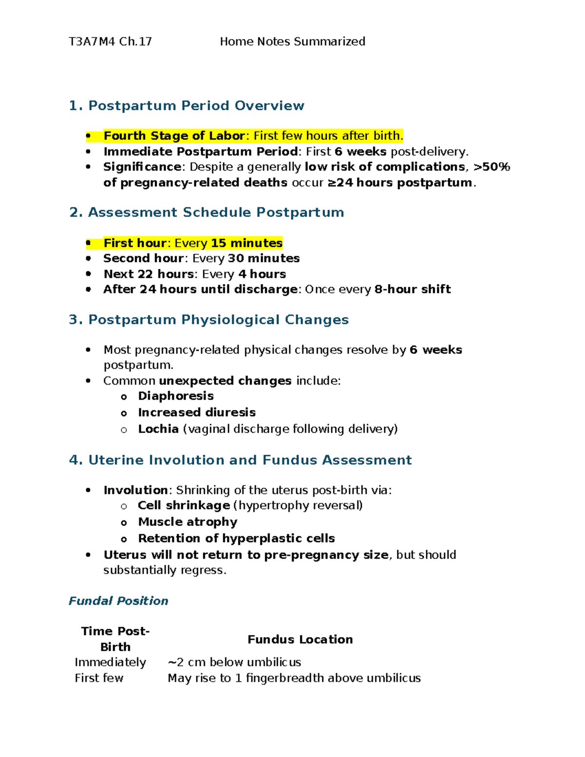 T3A7M4 Ch.17 Postpartum Care Overview and Key Nursing Guidelines - Studocu