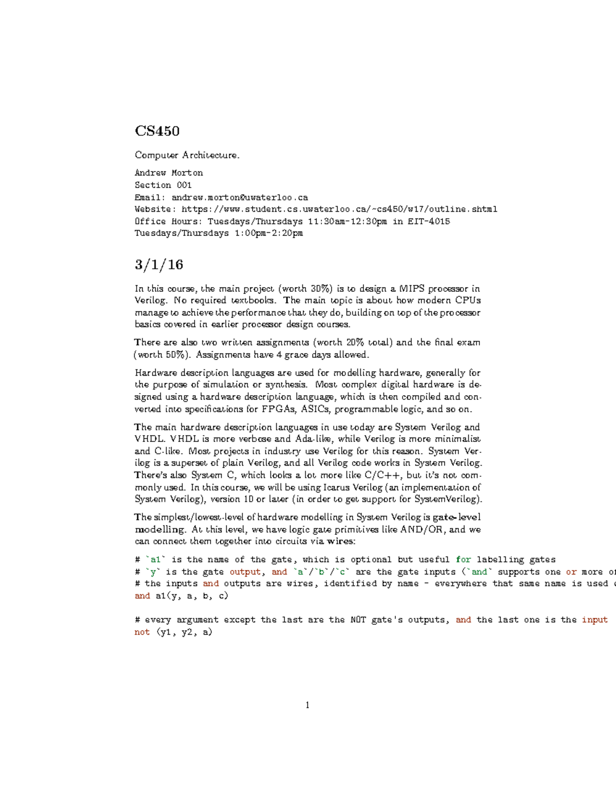 CS450 Lecture Notes - CS Computer Architecture. Andrew Morton Section ...