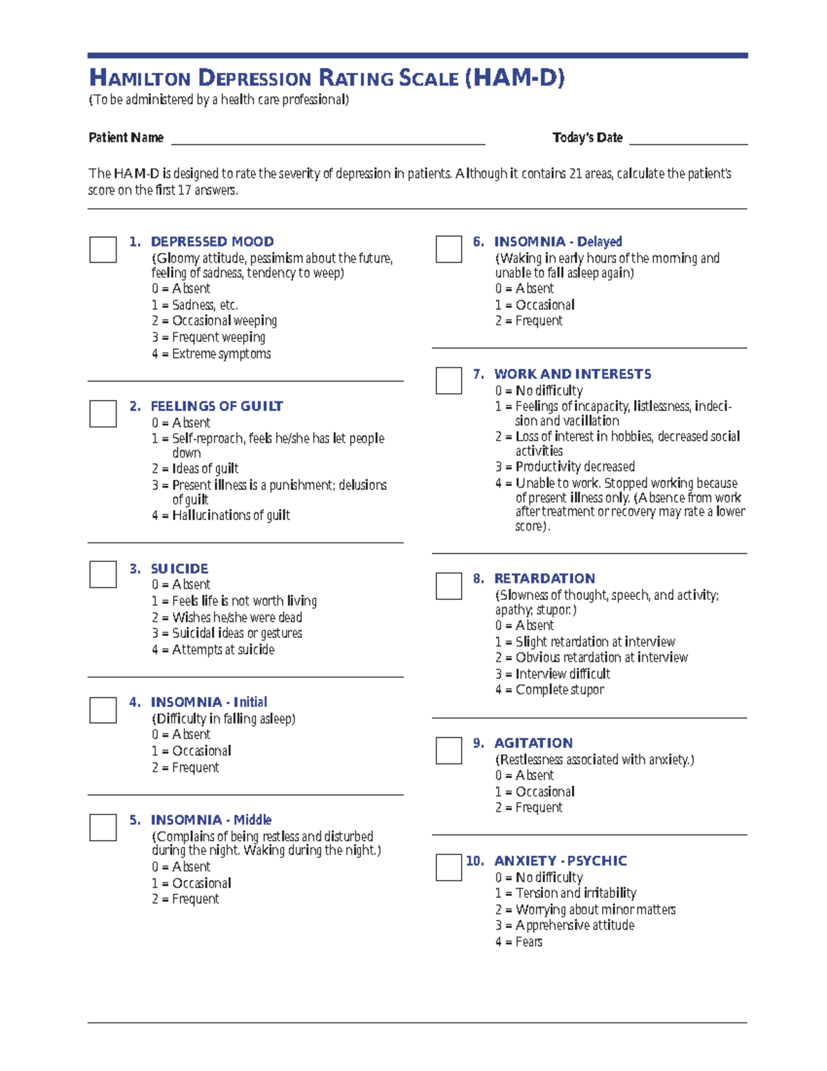 HAM-D: Hamilton Depression Rating Scale Administration Guide - Studocu