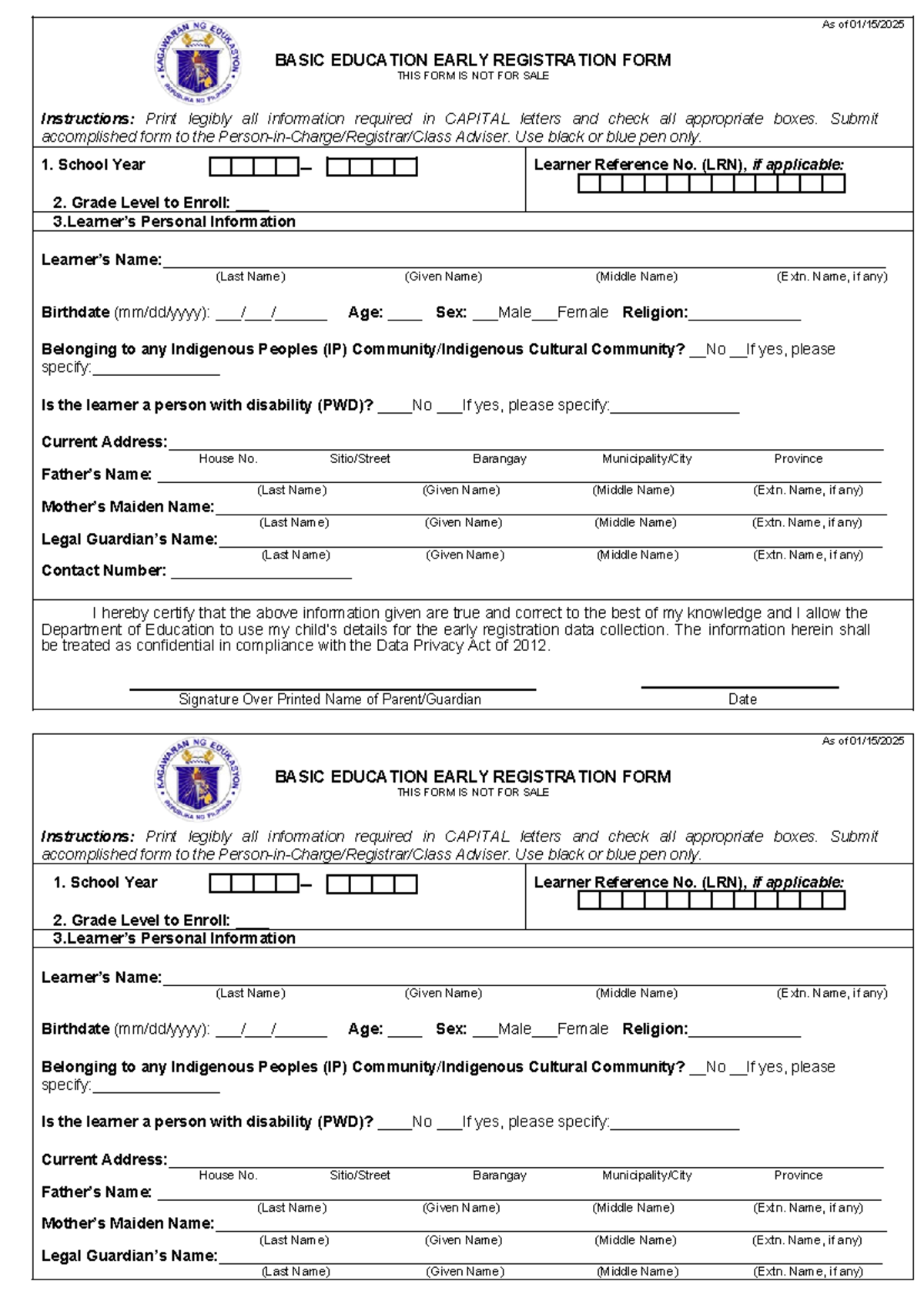 Basic Education Early Registration Form 2025 - Studocu