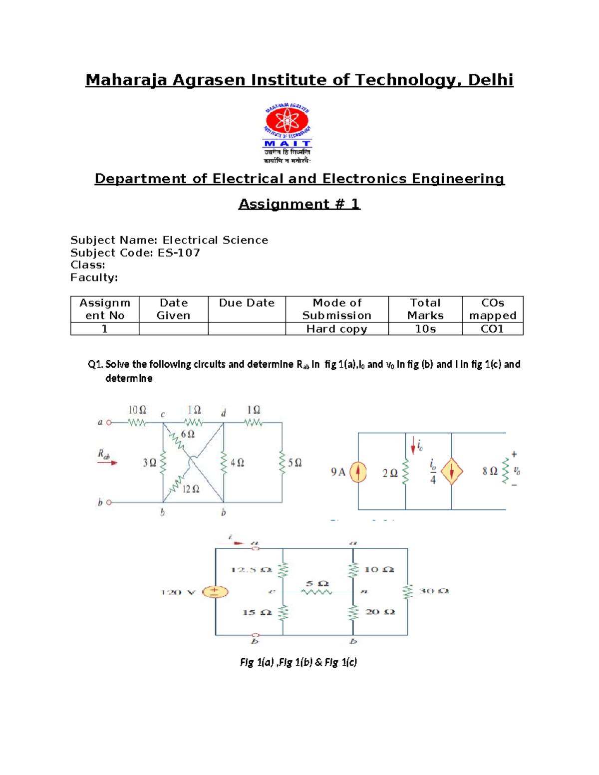 ES EEE Assignment 1: Electrical Science Circuit Analysis - Studocu