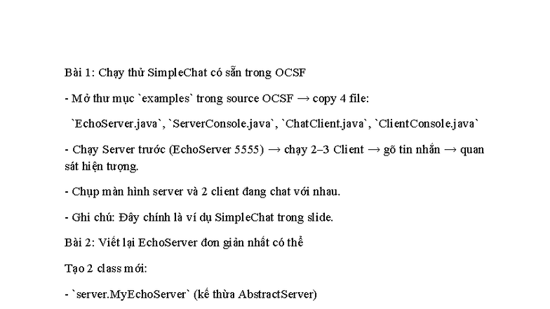 Bài thực hành OCSF: SimpleChat và EchoServer (Chương 2) - Studocu
