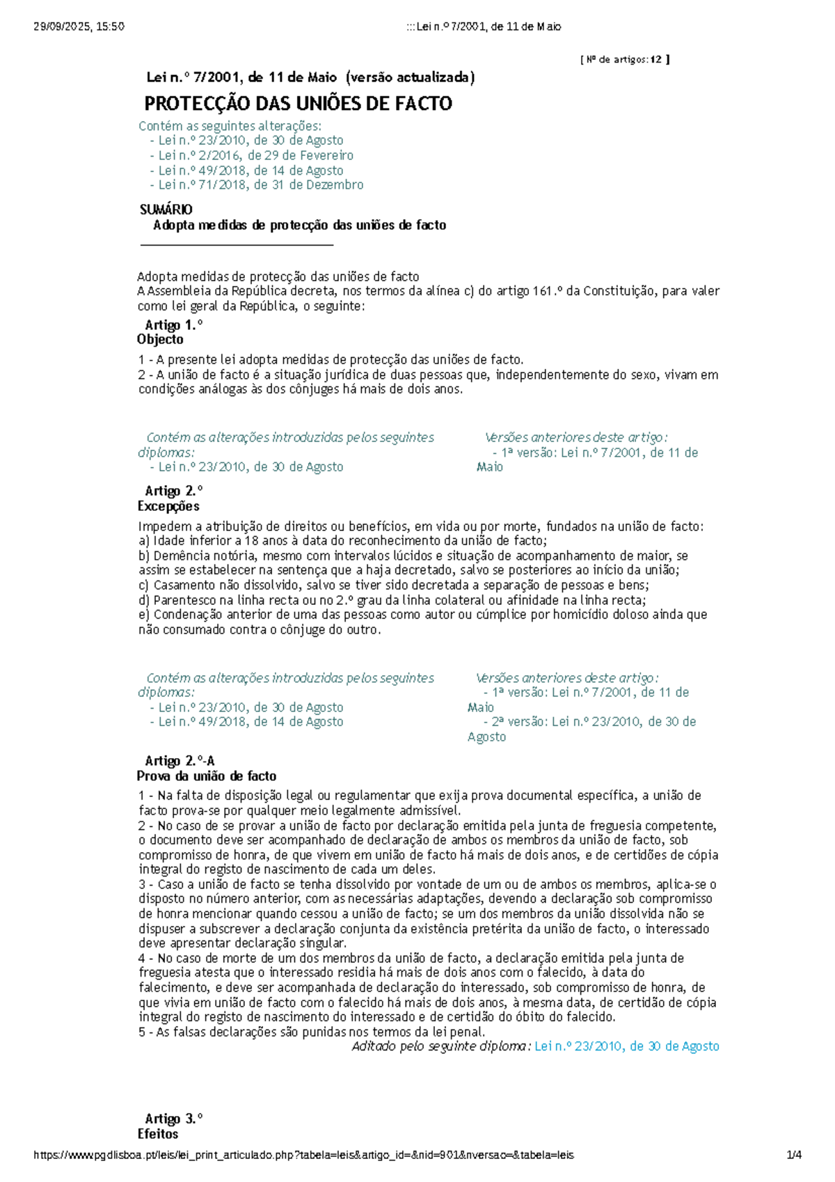 Lei n.º 7/2001 de 11 de Maio: Protecção das Uniões de Facto - Studocu