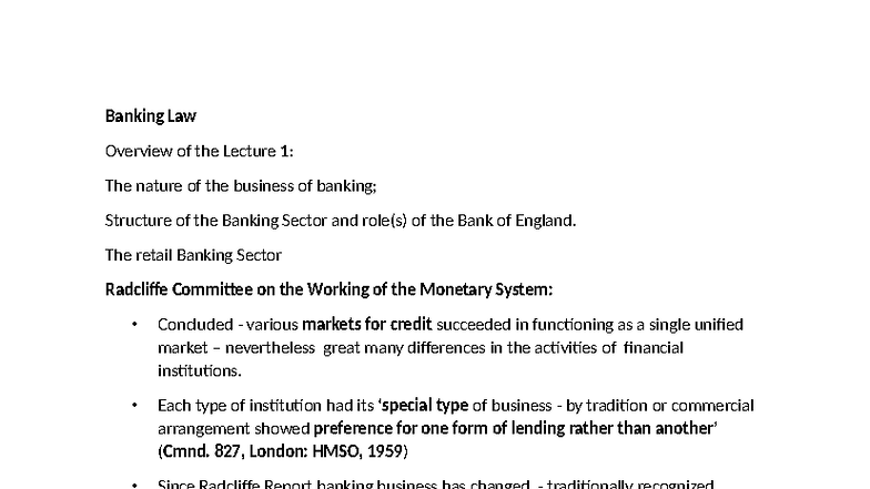 Banking Law Overview: Lecture 1 - Structure & Role of the Banking ...