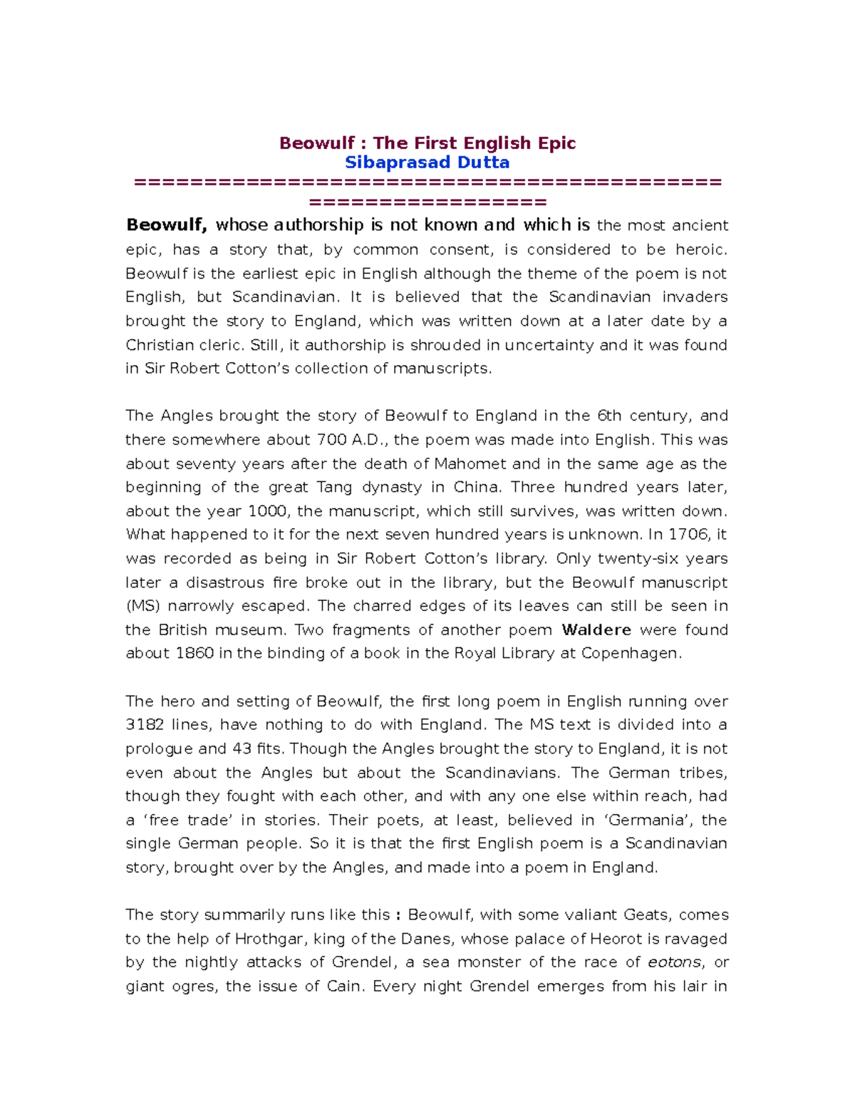 Beowulf-The First English Epic - Beowulf : The First English Epic ...