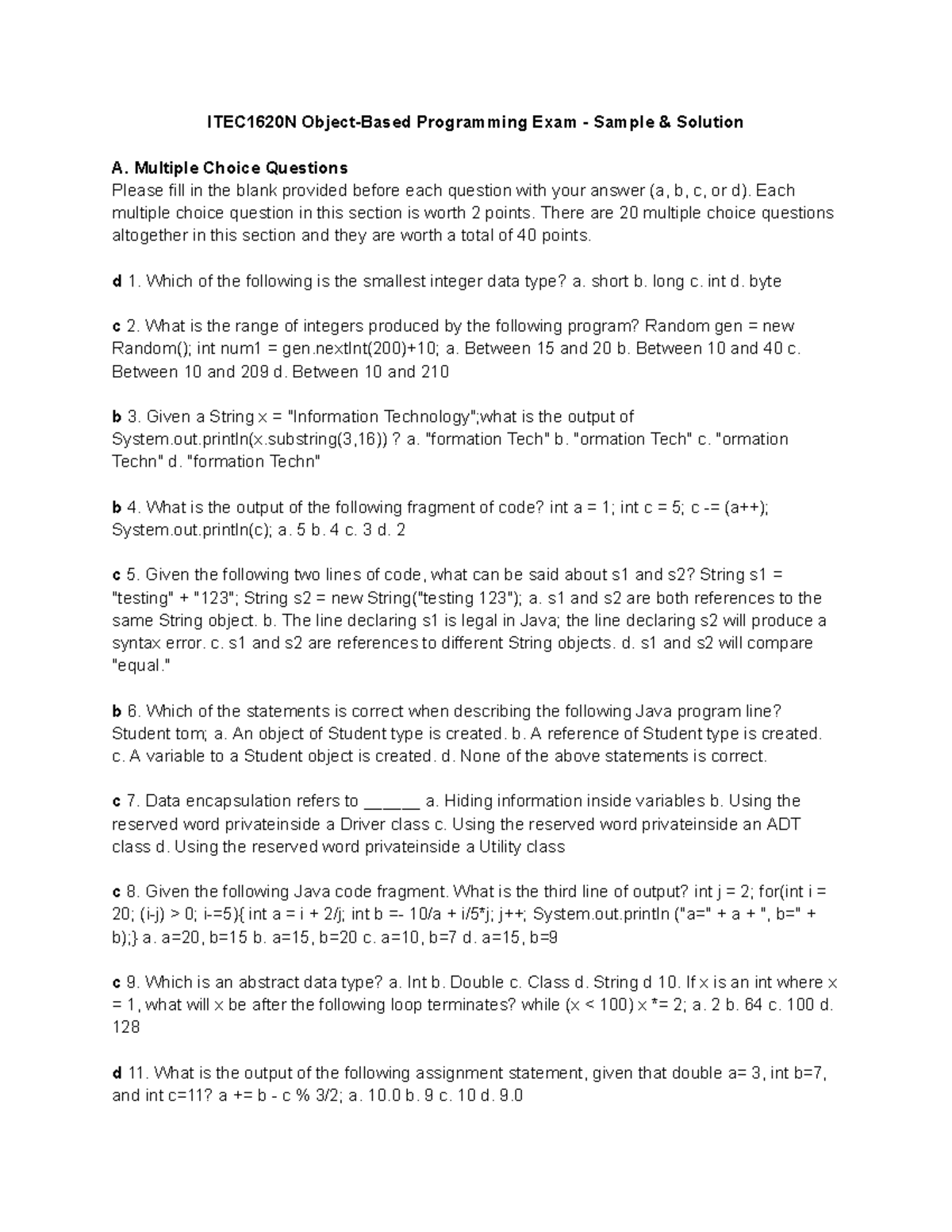ITEC1620 Midterm Exam Sample Solutions: Multiple Choice & Short Answer ...