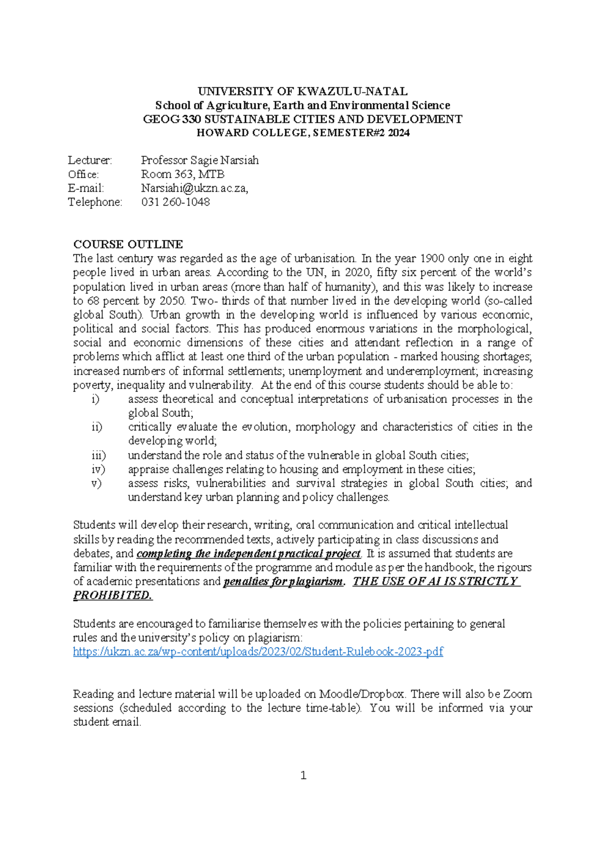 GEOG 330 Sustainable Cities and Development Course Outline - Howard ...