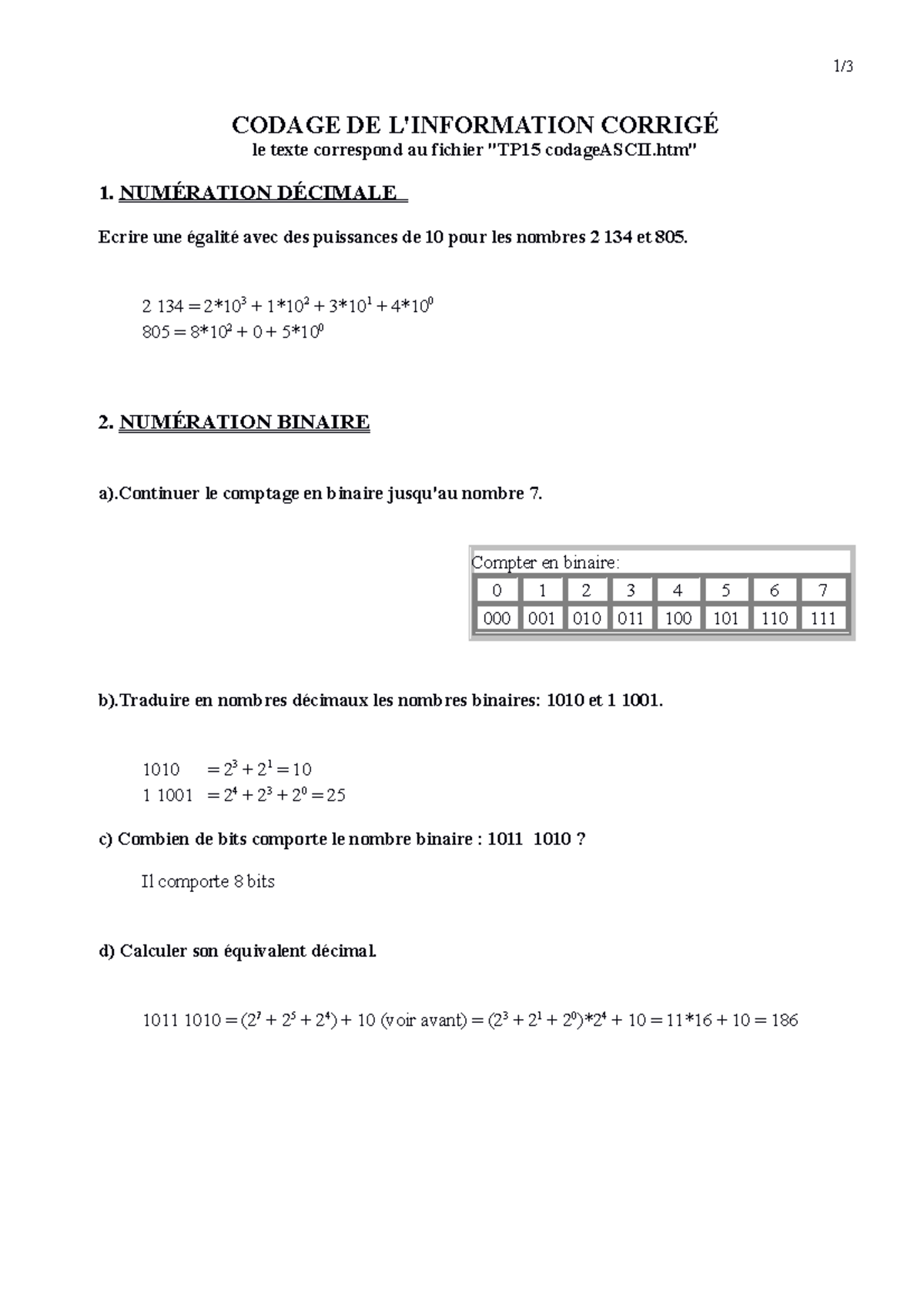 15 codage information corrige - 1 / CODAGE DE L'INFORMATION CORRIGÉ le texte correspond au ...