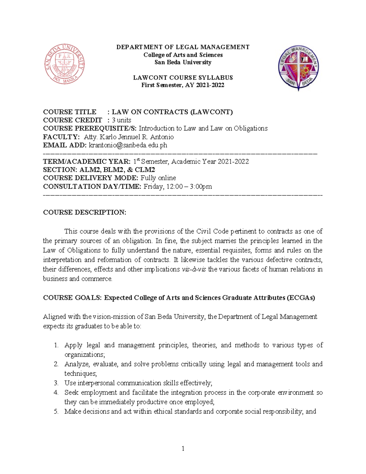 Law on Contracts Syllabus (LAWCONT) - 1st Semester AY 2021-2022 - Studocu