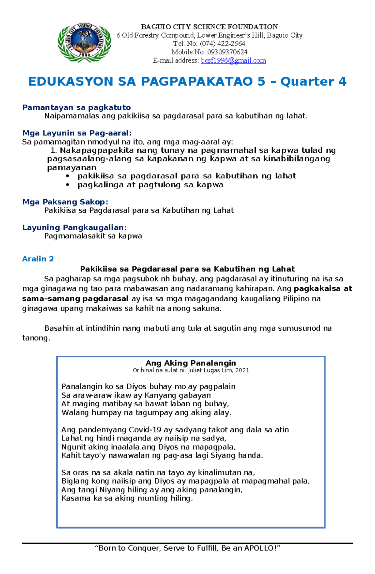 2024 Q4 ESP5 WEEK 3-4 - Module on Prayer and Community Support - Studocu