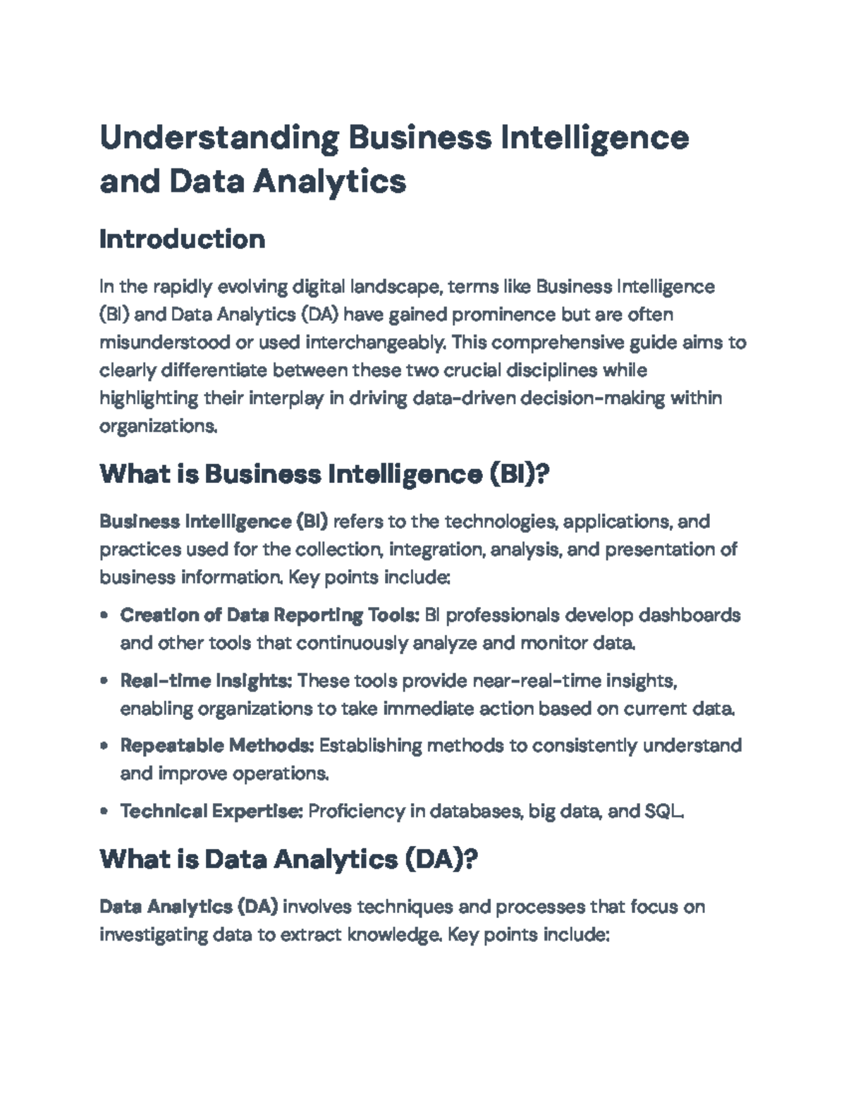 Understanding Business Intelligence (BI) and Data Analytics (DA ...