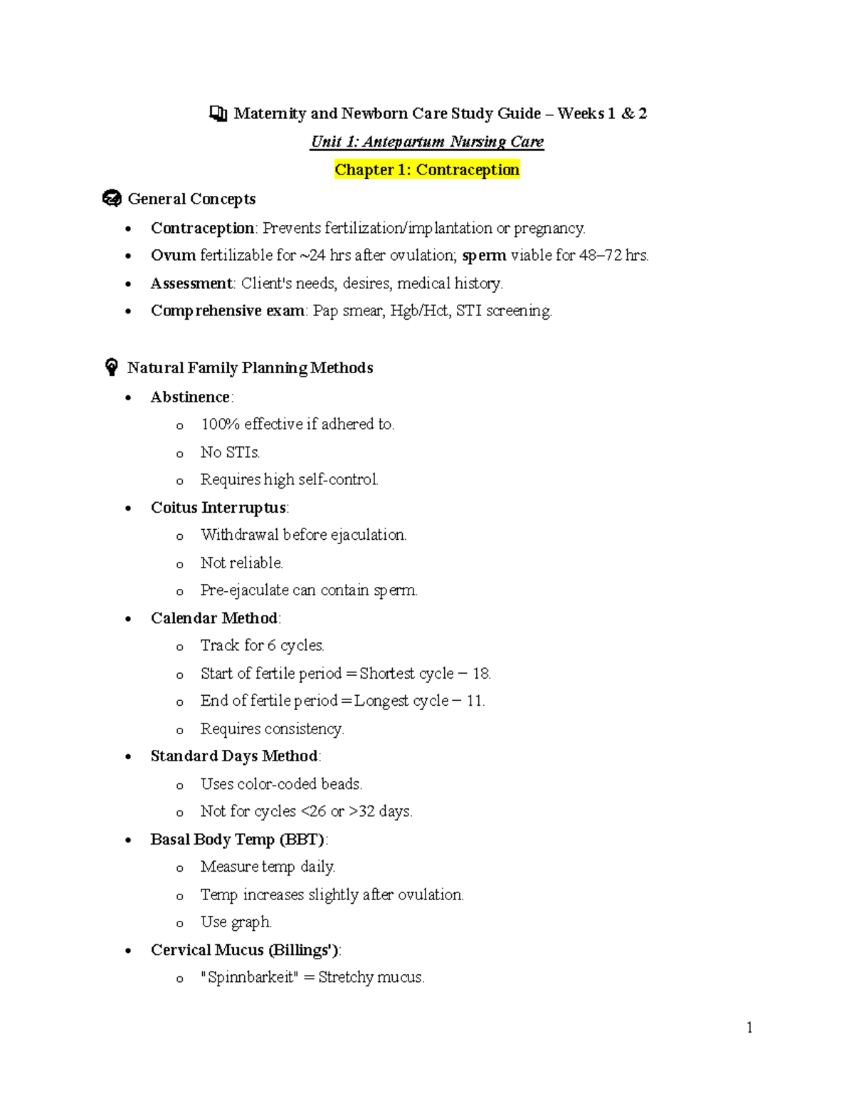 Maternity and Newborn Care Study Guide: Weeks 1-2, Unit 1 ...
