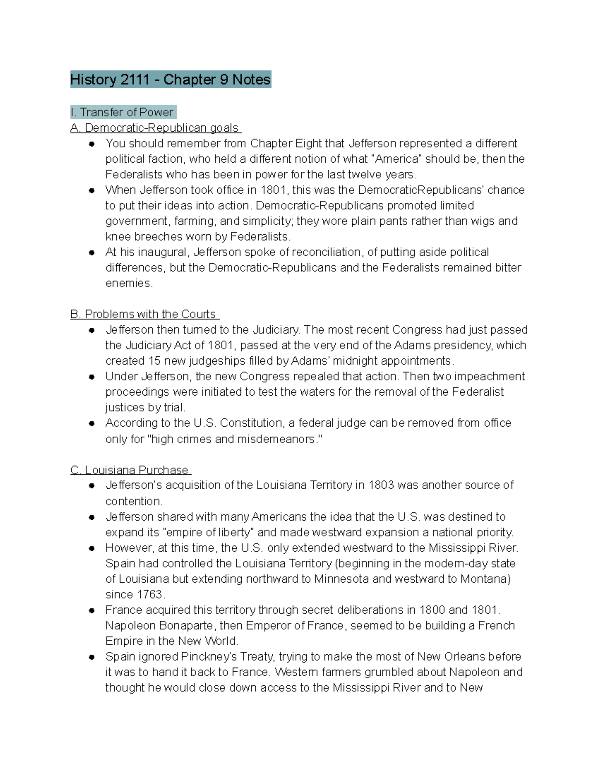 History 2111 - Chapter 9 Notes - History Chapter 9 Notes I. Transfer of ...