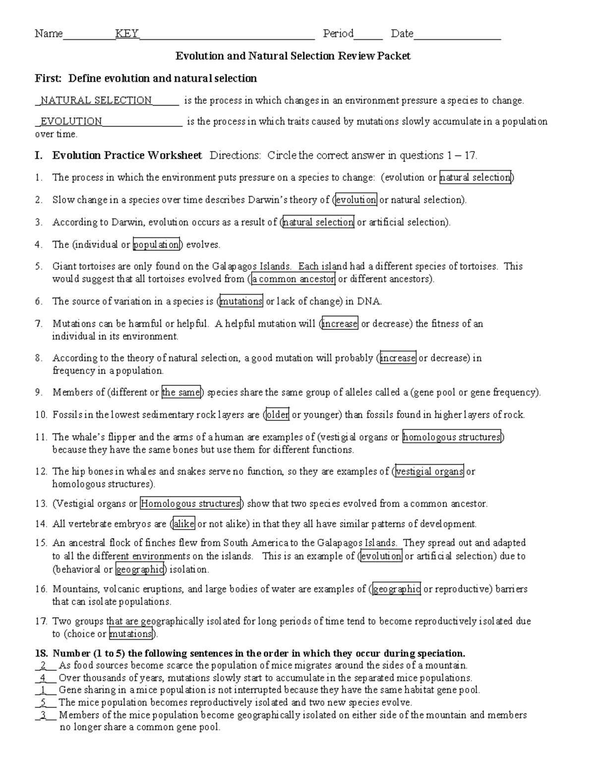 Evolution and Natural Selection Review Packet Key (Course Code: BIO101 ...