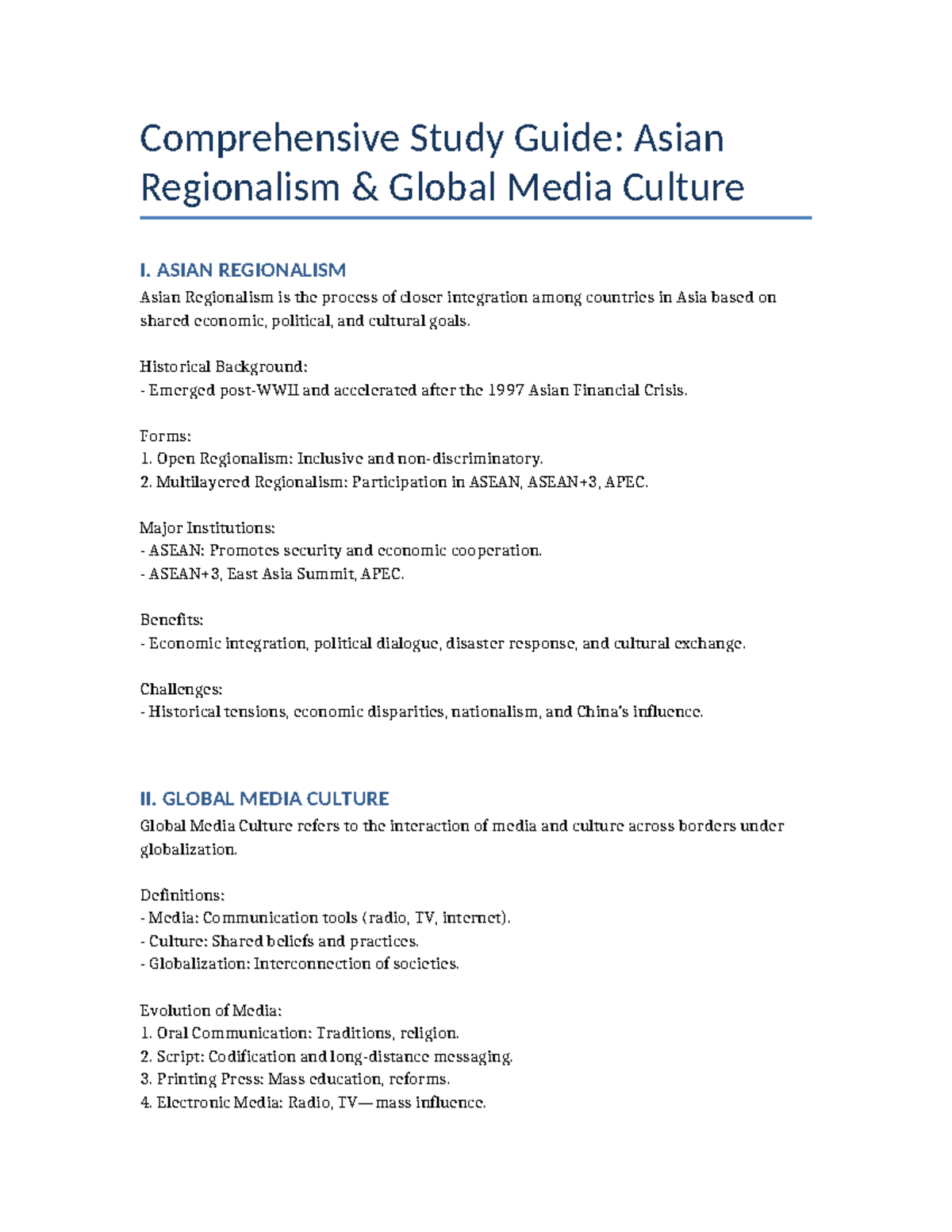 Study Guide: Asian Regionalism & Global Media Culture I - Studocu