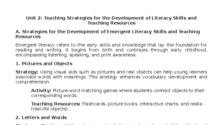 Unit 2: Teaching Strategies for Literacy Development and Resources ...